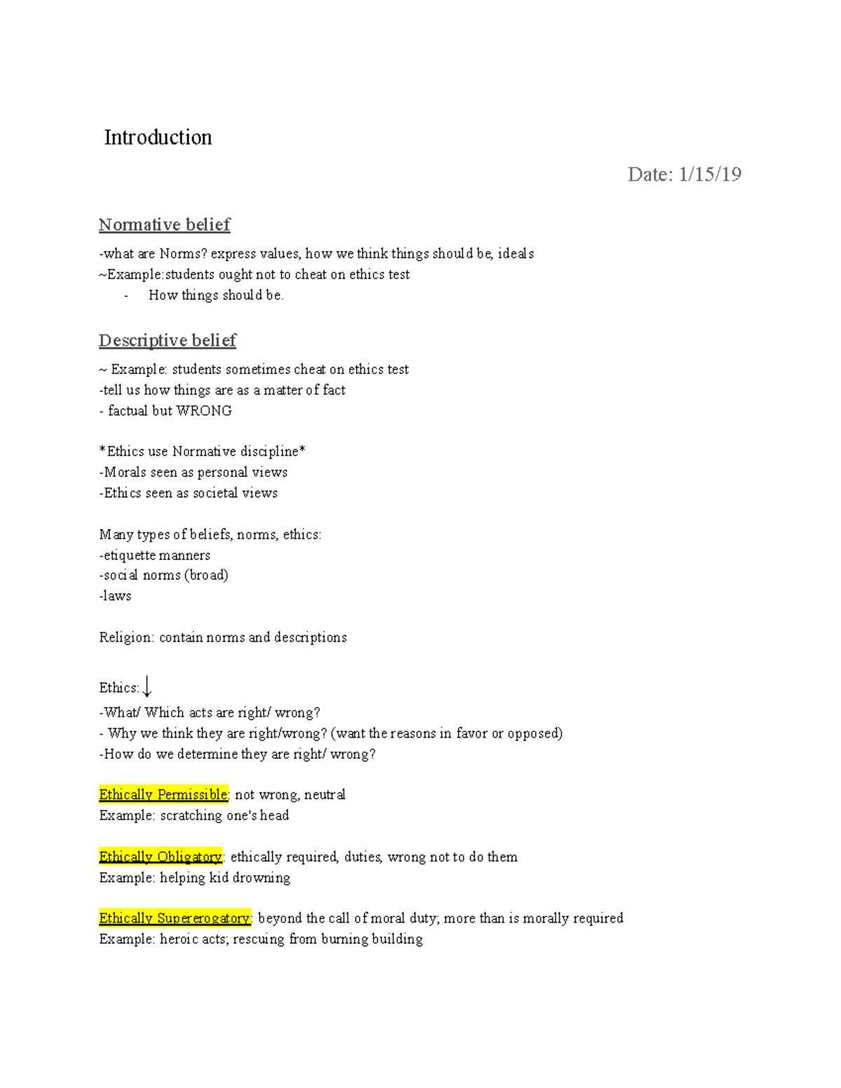 Moral Issues Notes - Introduction Date: 1/15/19 Normative belief -what ...