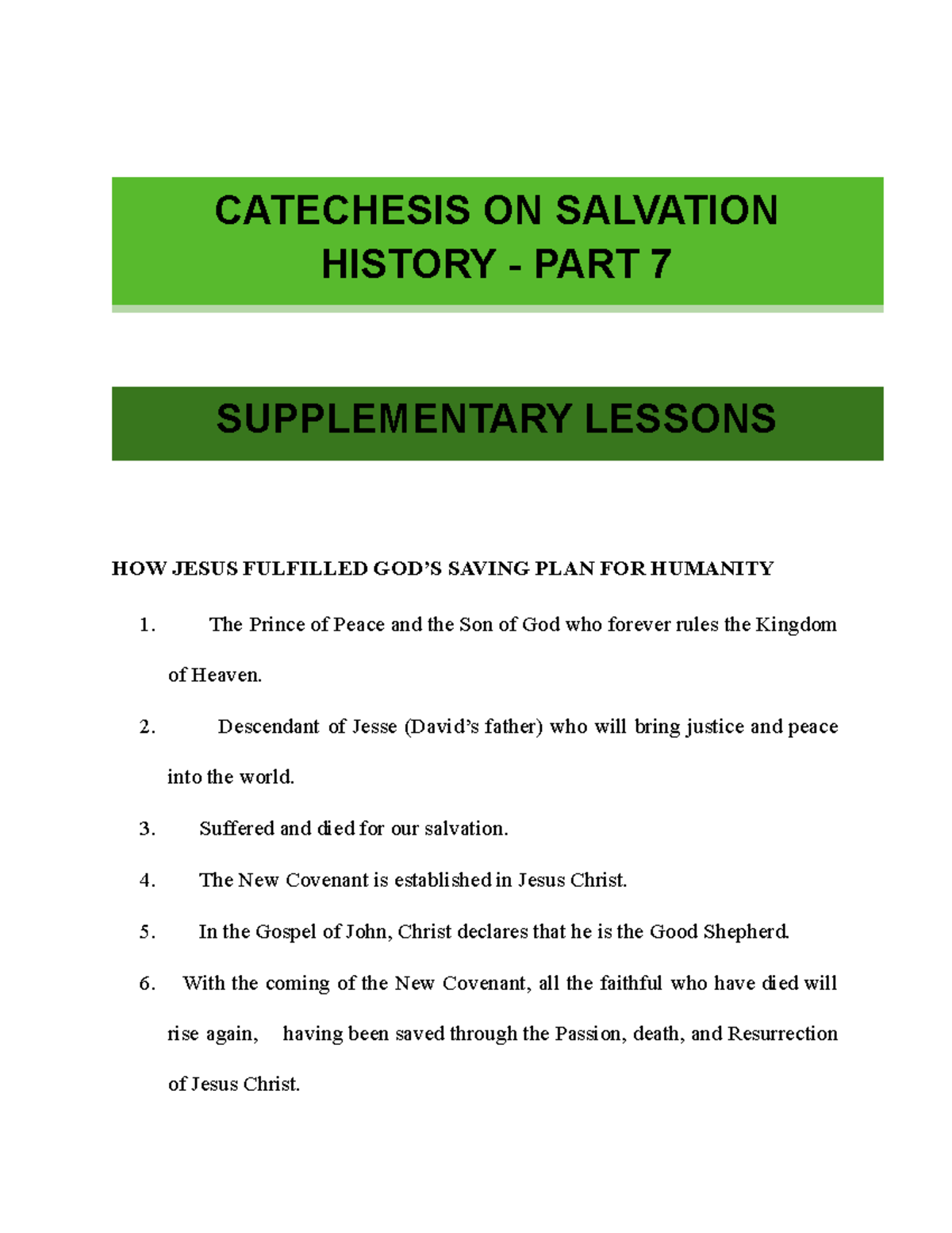 Catechesis ON Salvation History - PART 7 - CATECHESIS ON SALVATION ...