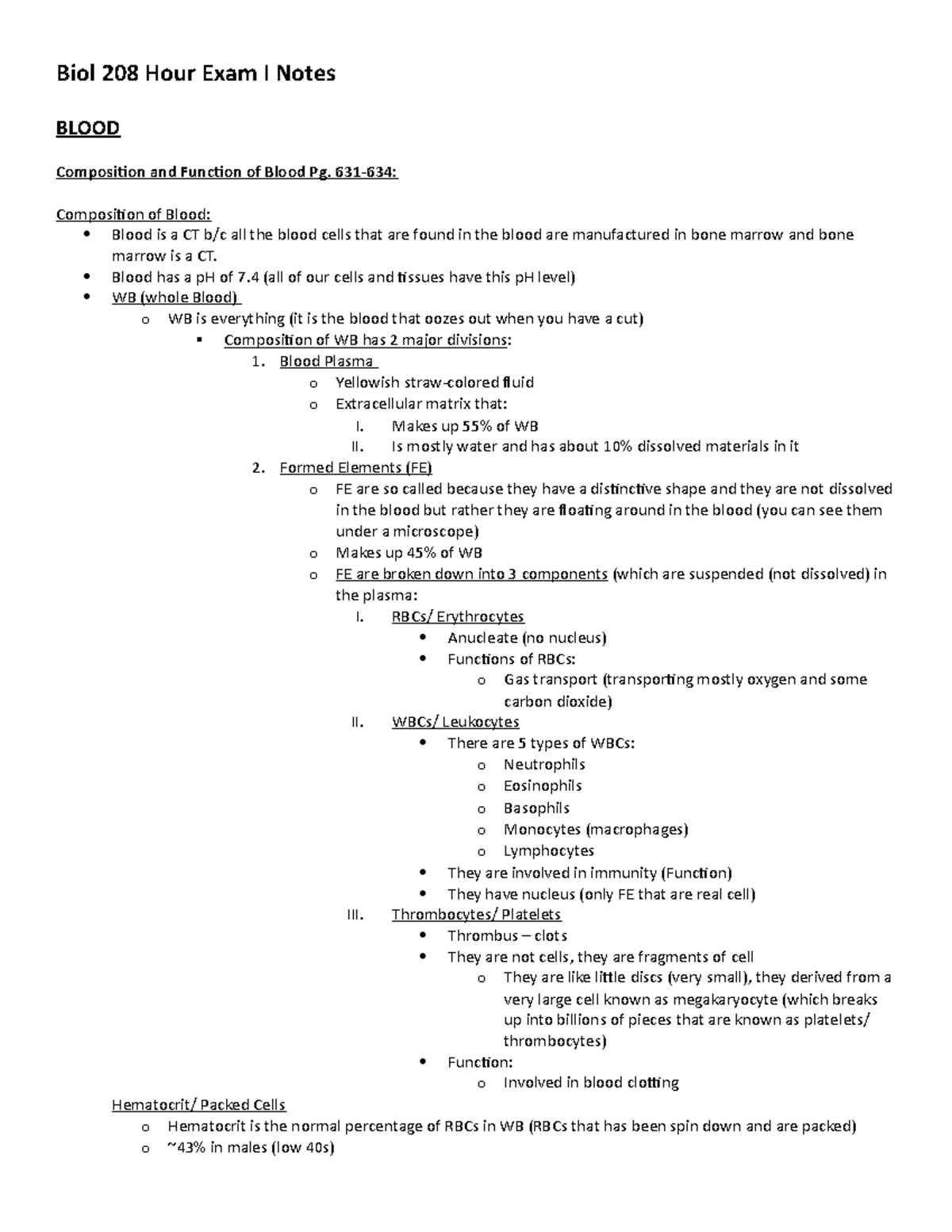 Biol 208 Hour Exam I Notes - Biol 208 Hour Exam I Notes BLOOD ...