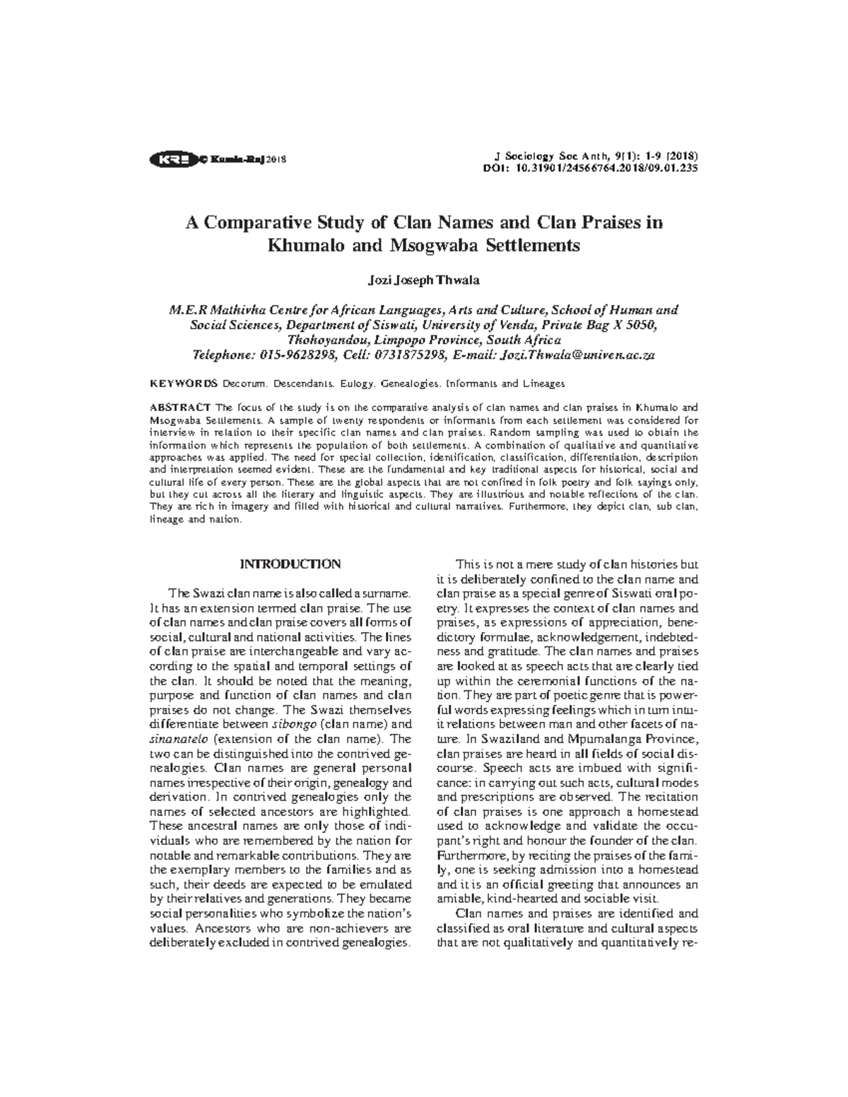 JSSA 09 01 001 18 235 Thwala J J Tx - A Comparative Study of Clan Names ...