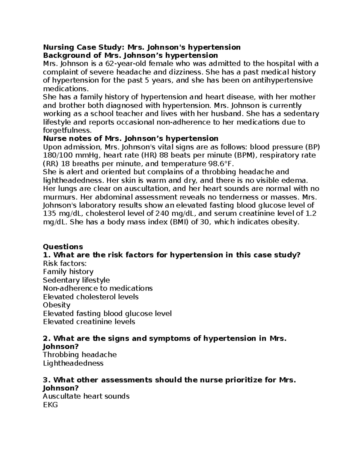 Nursing Case Study - Johnson's hypertension Background of Mrs. Johnson ...