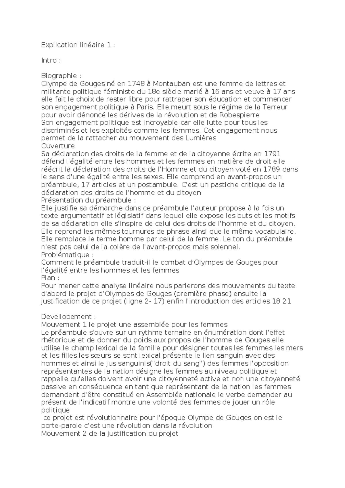 Explication linéaire fr olympes de gouges - Explication linéaire 1 : Intro : Biographie : Olympe ...