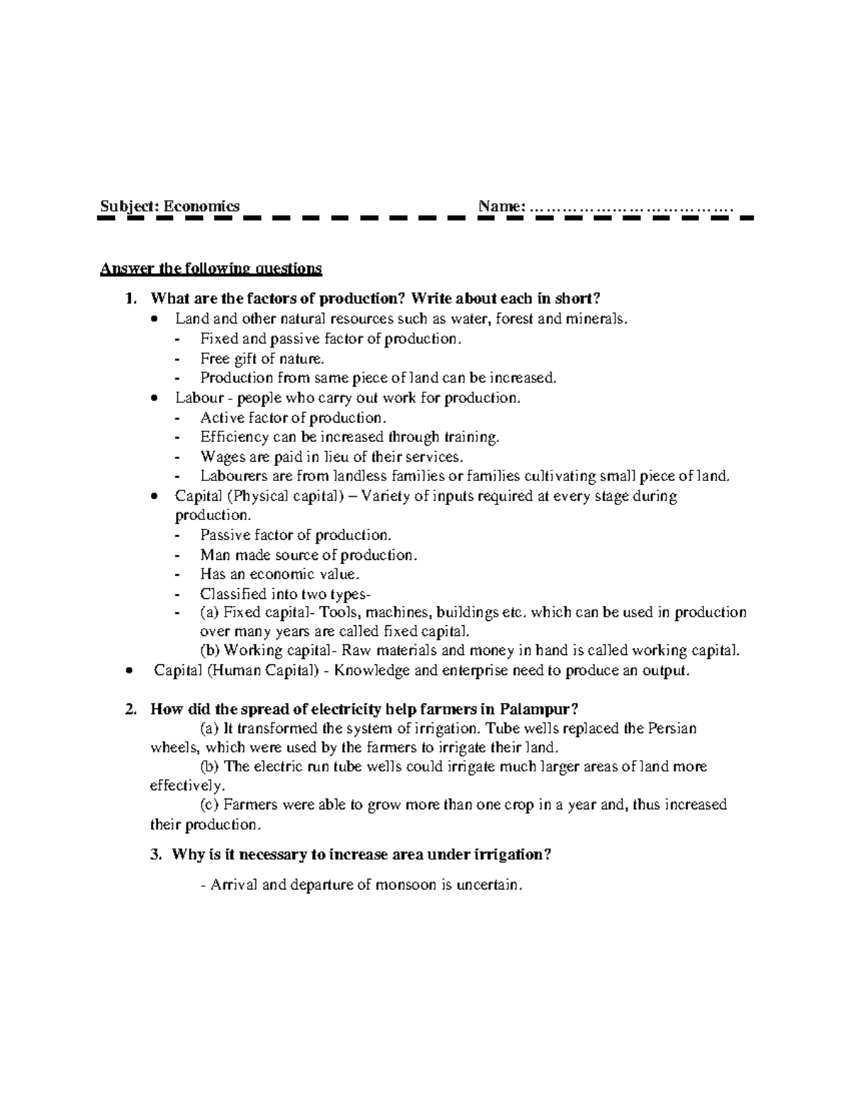 Economics - factors of production - Subject: Economics Name