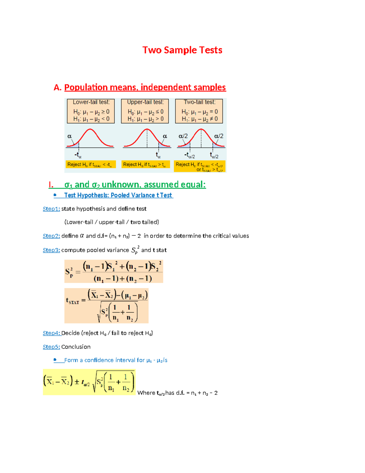 Résum Two Sample Tests - summary - Two Sample Tests A. Population means ...