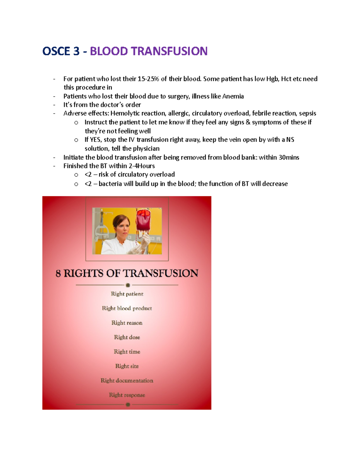 OSCE 3 - Blood Transfusion - OSCE 3 - BLOOD TRANSFUSION - For patient ...