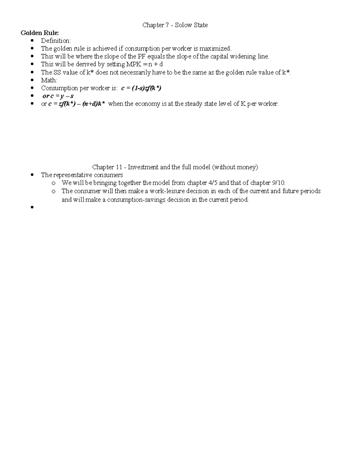 Chapter 7 - Notes - Chapter 7 - Solow State Golden Rule: Definition ...