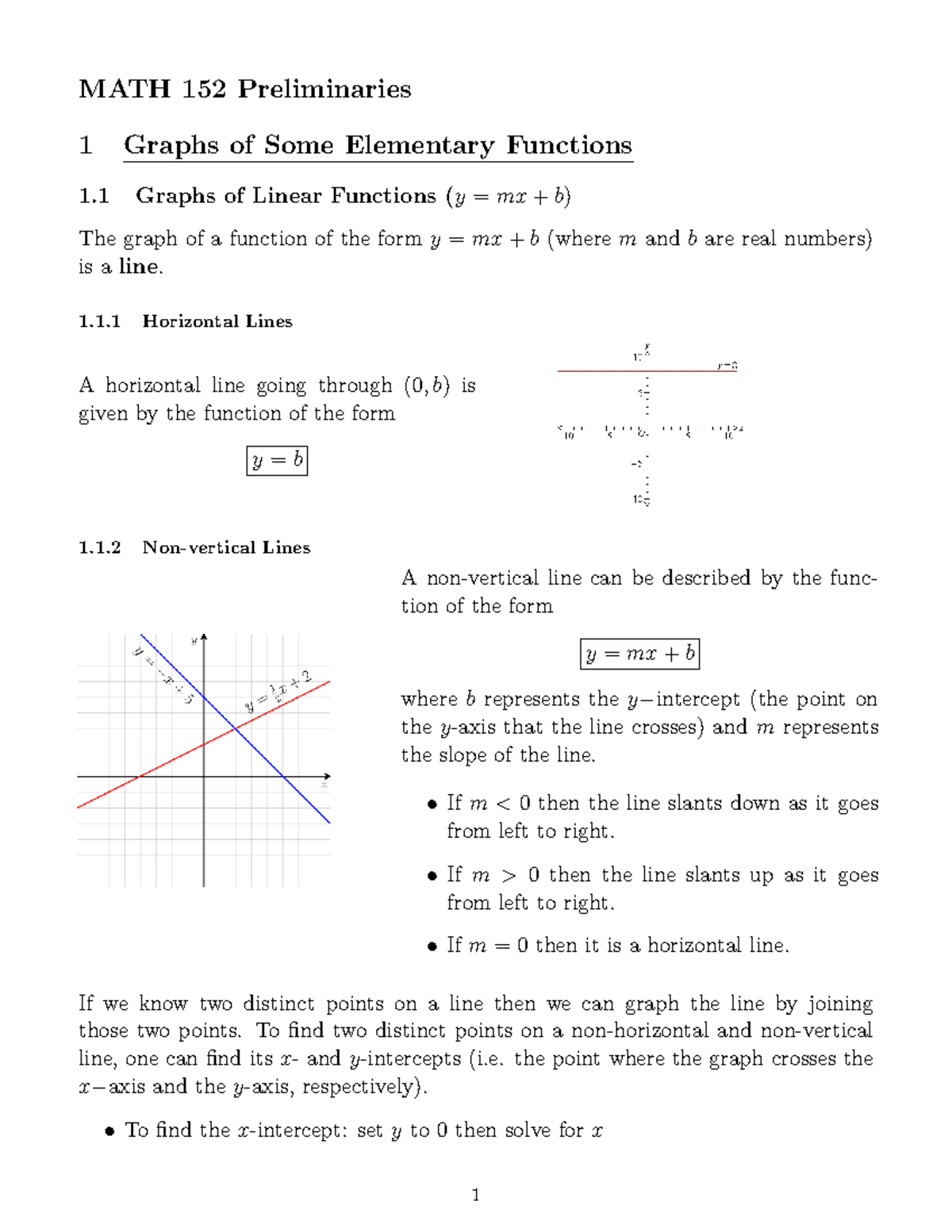 Preliminaries from math 151 - MATH 152 Preliminaries 1 Graphs of Some Elementary Functions 1 ...