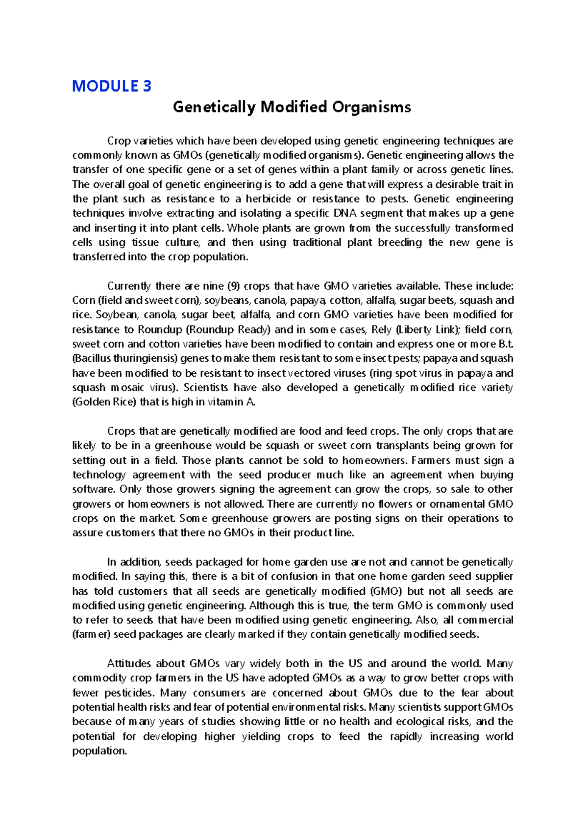Module 3 Genetically Modified Organisms - MODULE 3 Genetically Modified ...