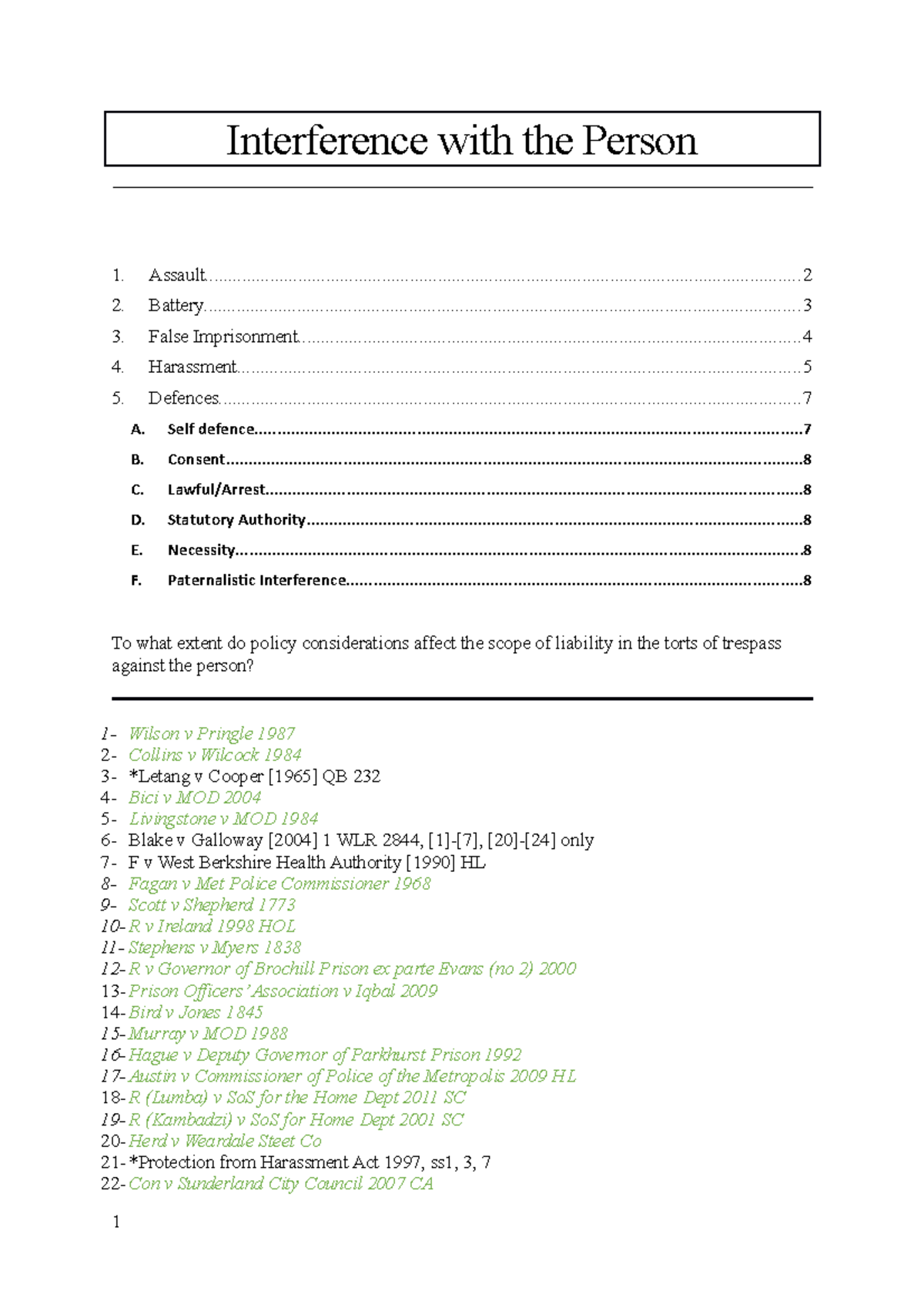 Interference with the Person - Interference with the Person - Studocu
