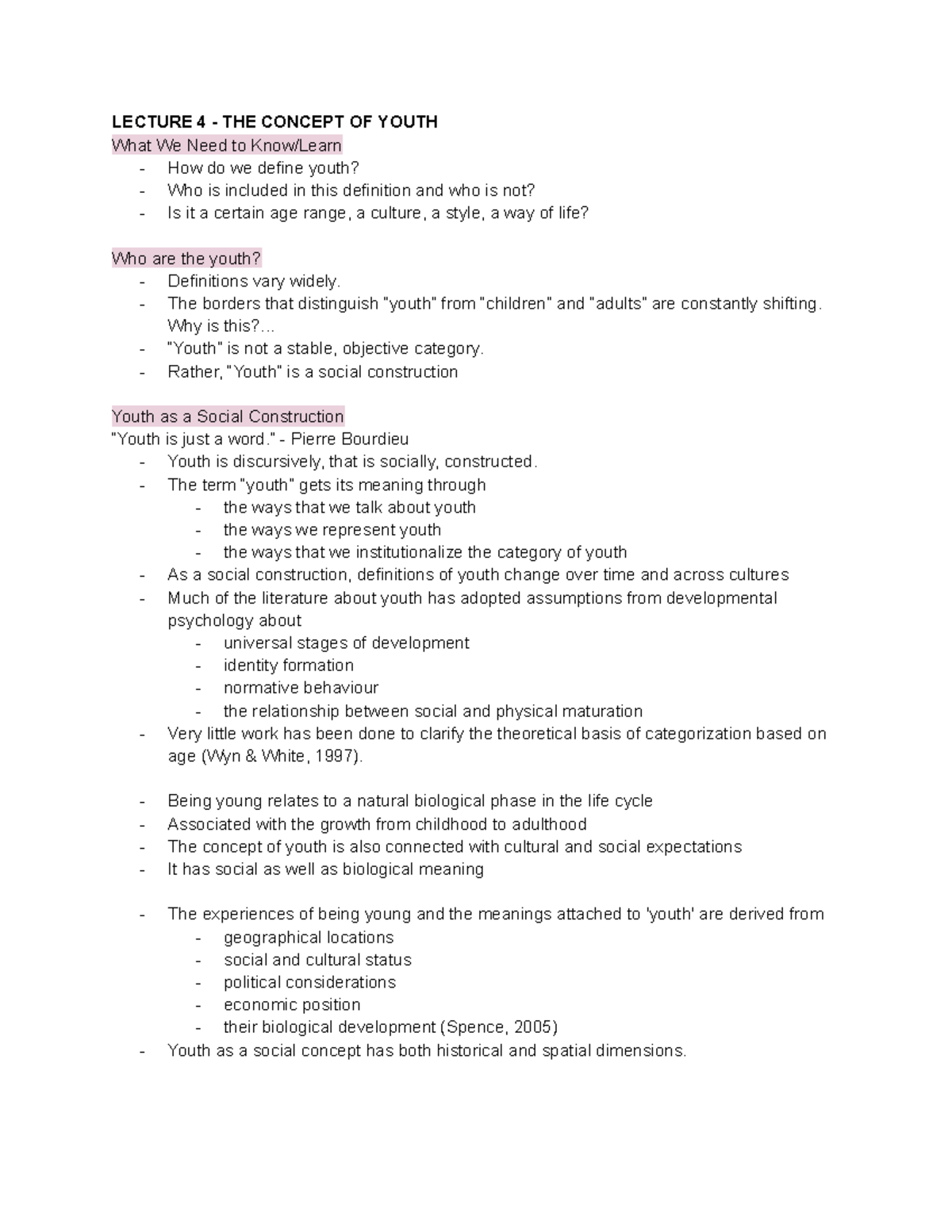 Lecture #4 YC 100 - LECTURE 4 - THE CONCEPT OF YOUTH What We Need to ...