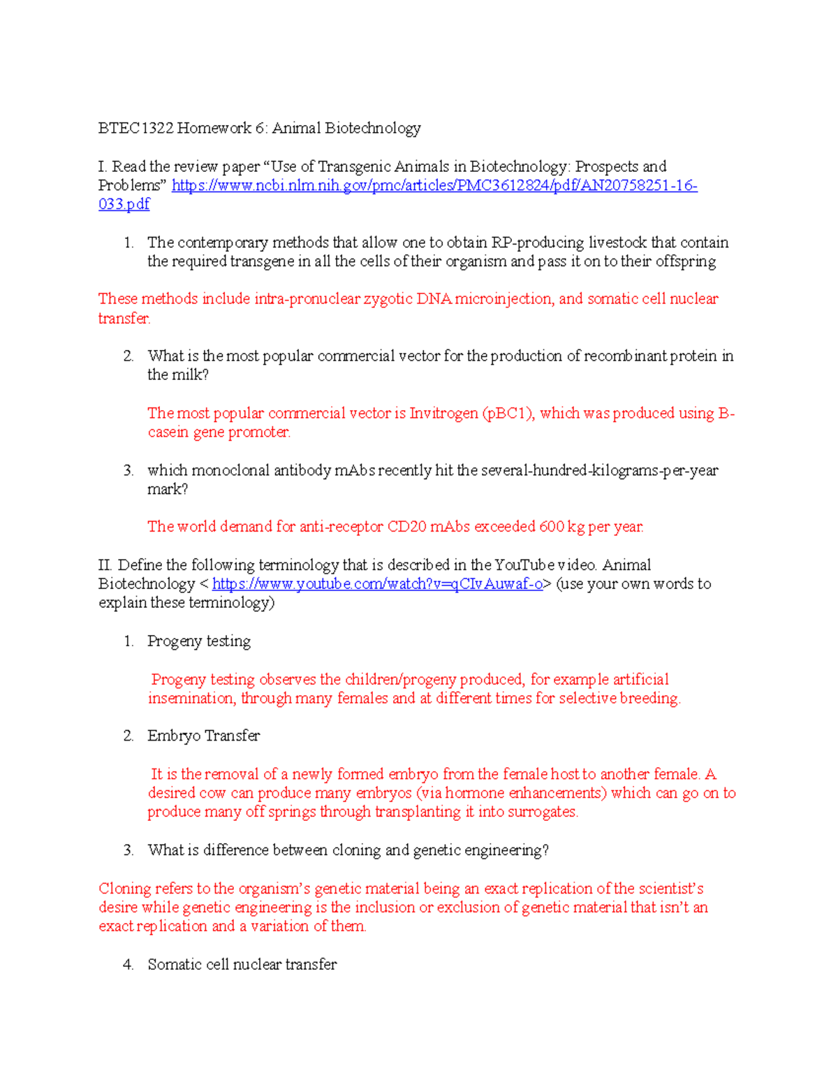 Biotech HW 4 - Intro - BTEC1322 Homework 6: Animal Biotechnology I ...