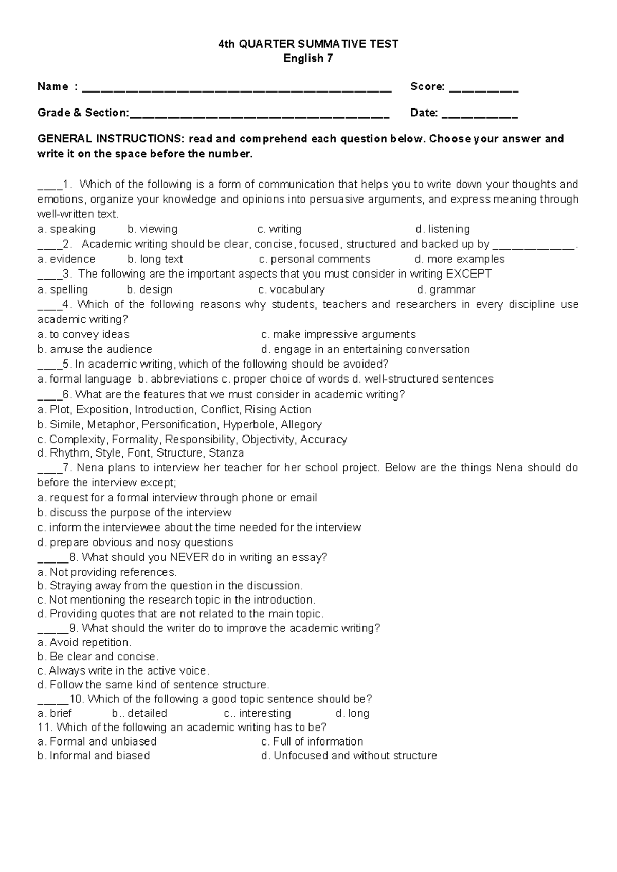 Q4 summative test English 7 - 4th QUARTER SUMMATIVE TEST English 7 Name ...