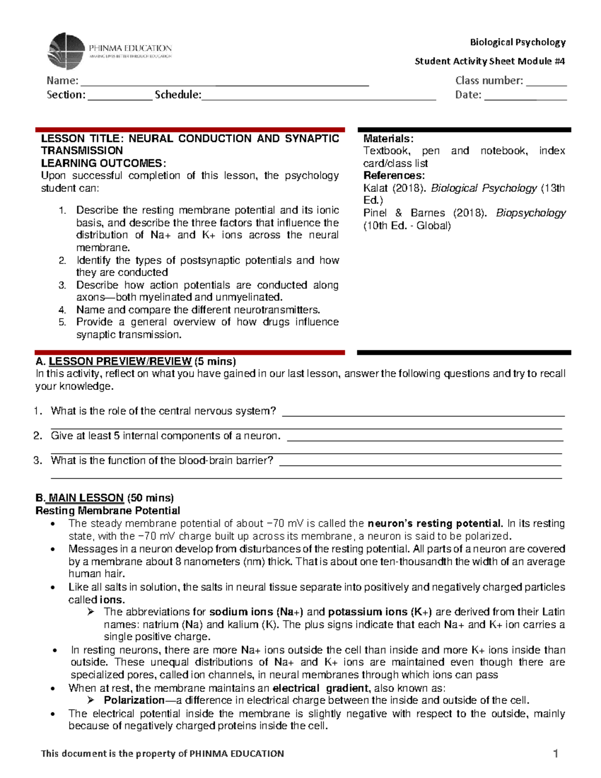SAS Module 4 Neural Conduction AND Synaptic Transmission PART 1 ...