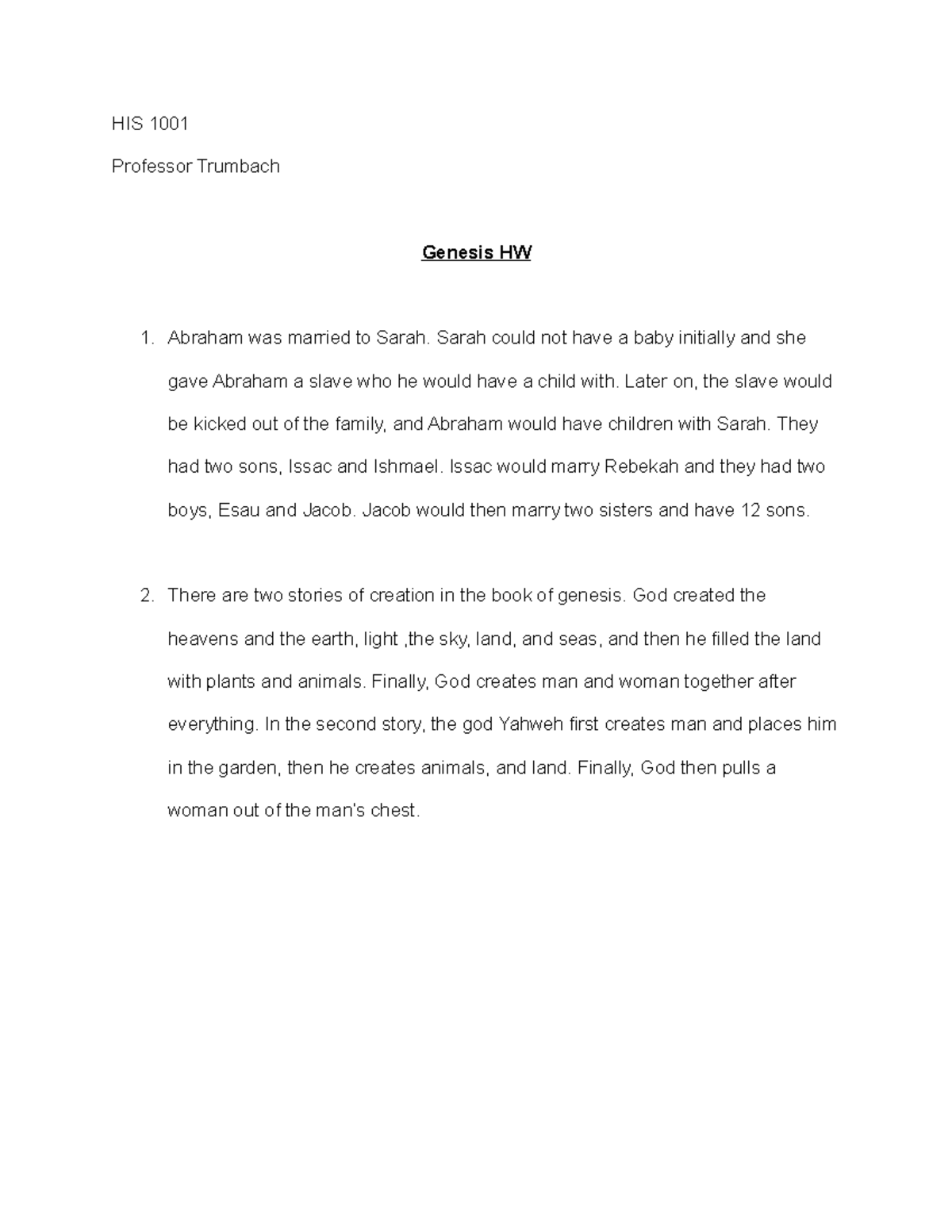 Genesis HW - HIS 1001 Professor Trumbach Genesis HW Abraham was married ...