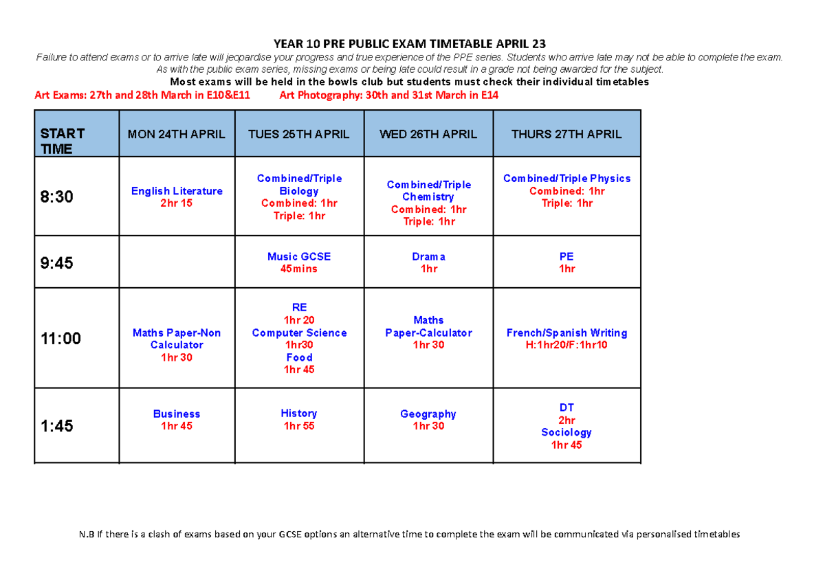 Y10 PPE April 2023 - gdfsafhjkl - YEAR 10 PRE PUBLIC EXAM TIMETABLE ...