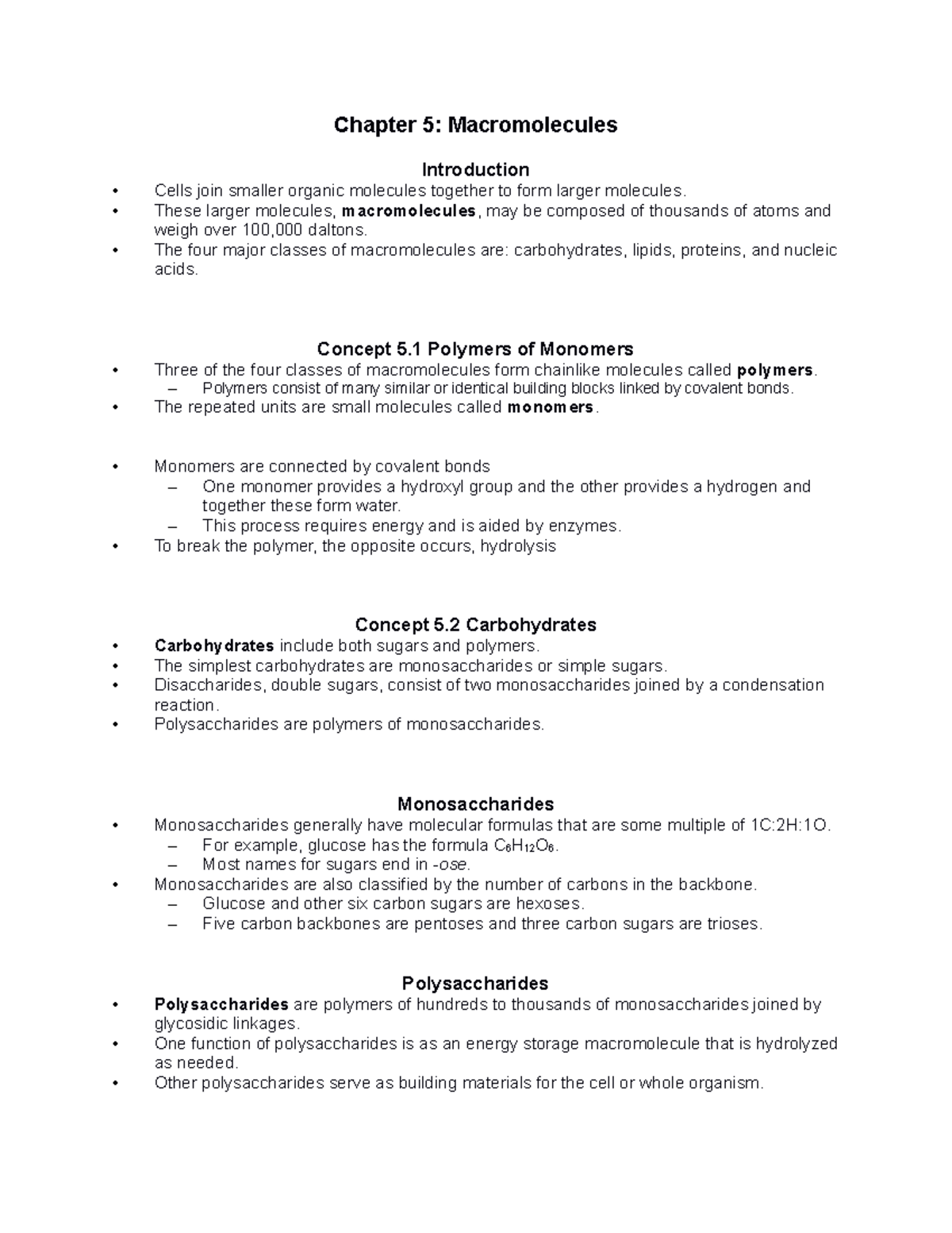 Biology I Chapter 5 - Chapter 5: Macromolecules Introduction Cells join ...