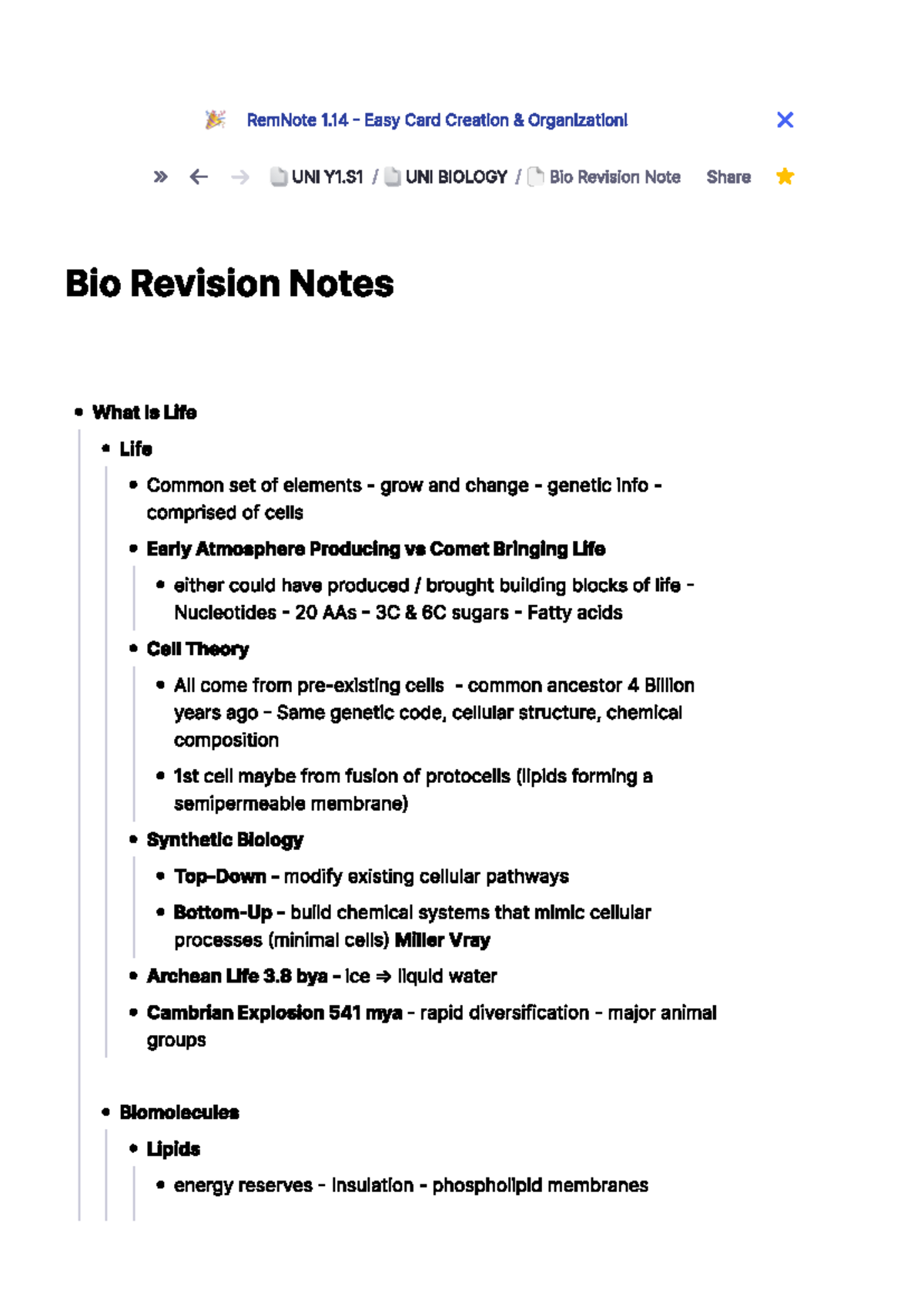 Bio Revision Notes Y1.S1 pdf - RemNote 1 Easy Card Creation ...