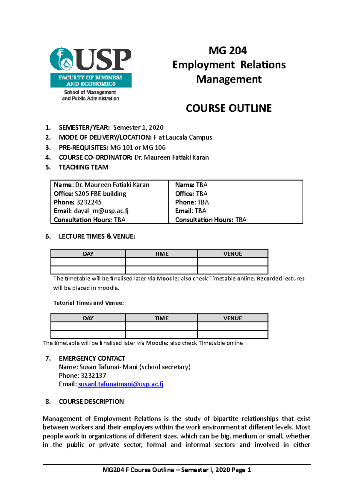 MG204 F Course outline S1 2020 31-1-20 - MG 204 Employment Relations ...