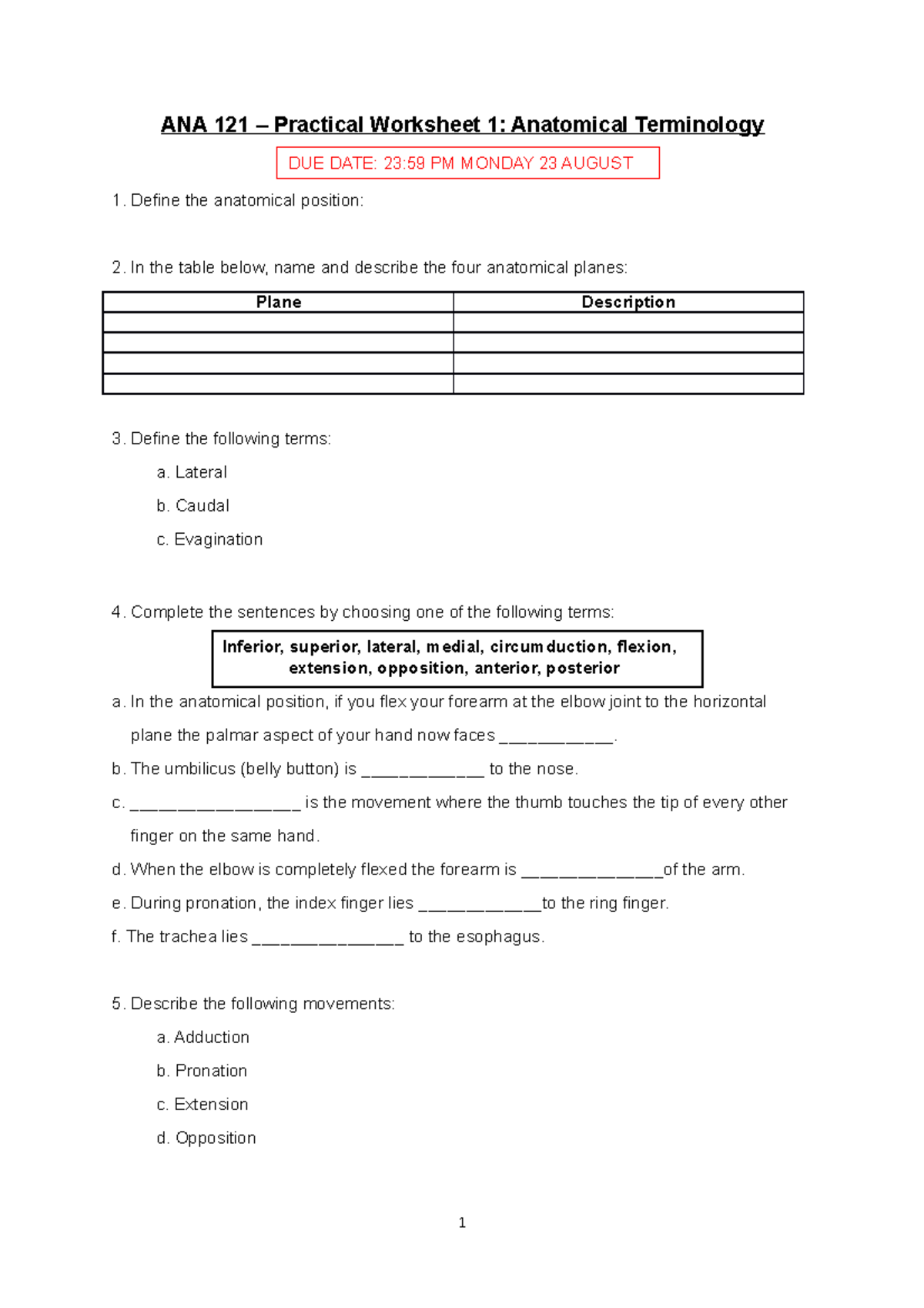 1.1 Terminology Worksheet 2021 - ANA 121 – Practical Worksheet 1 ...