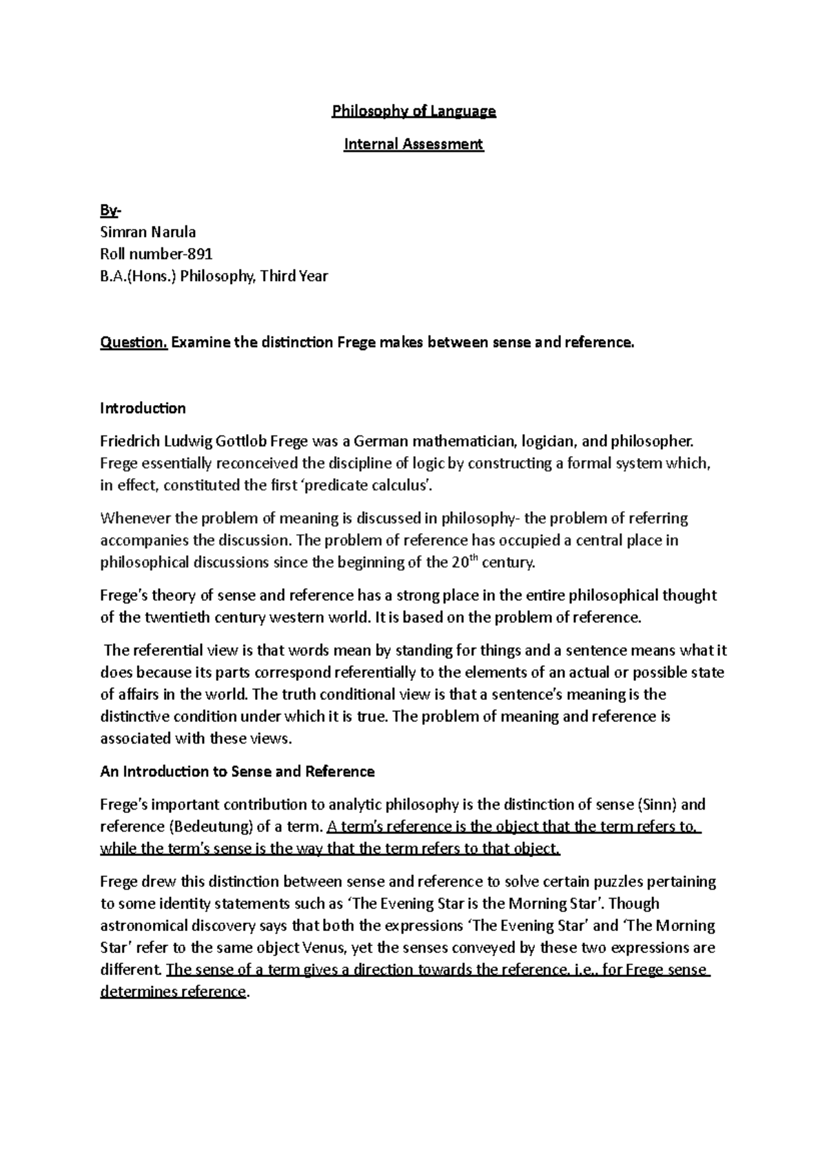 Frege's difference between sense and reference; Sense and Reference - Philosophy of Language ...