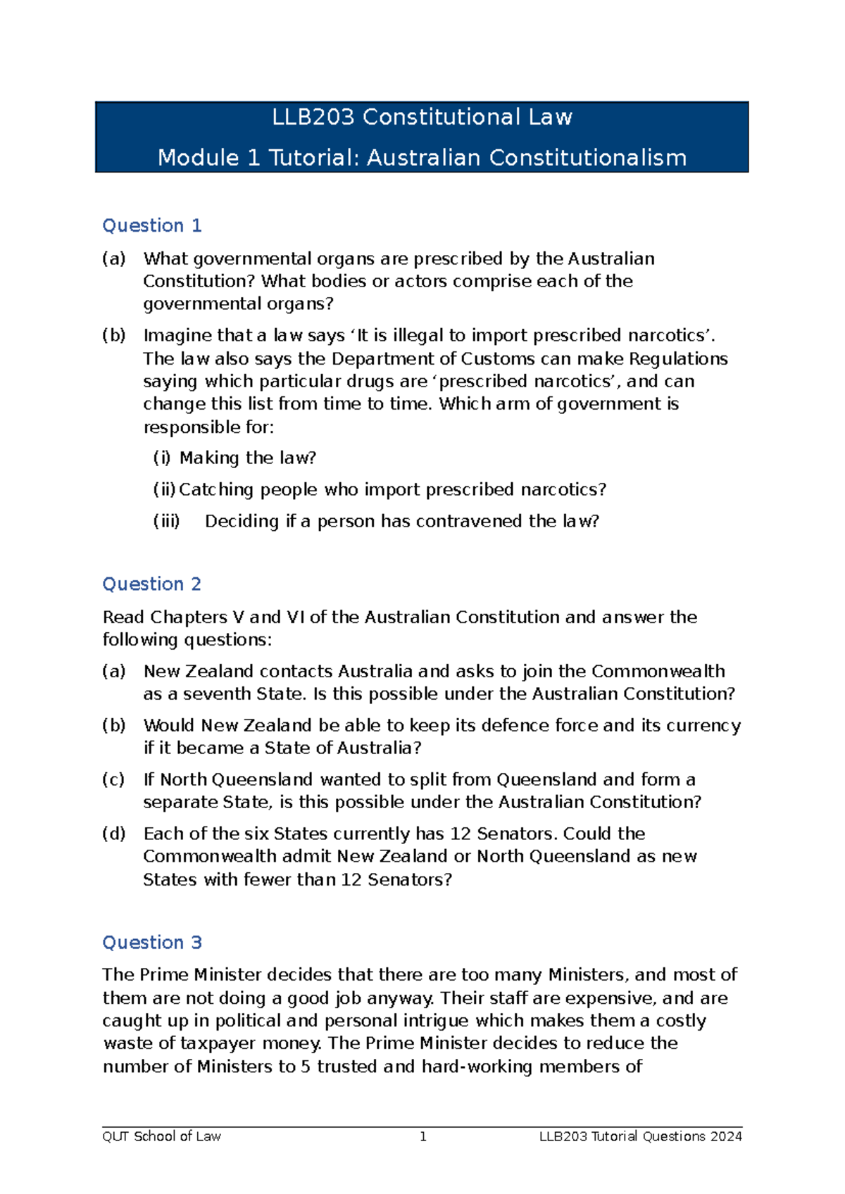 Module 1 Tutorial Questions - Australian Constitutionalism-1 - LLB203 Constitutional Law Module ...