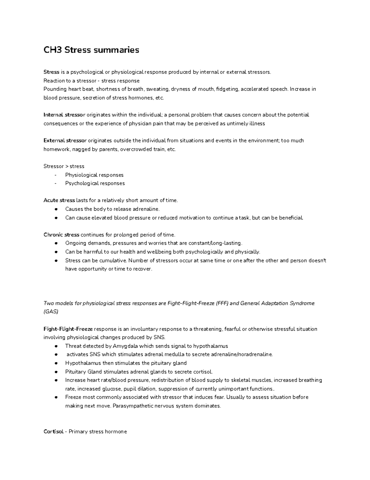 Psych ch3 stress - notes - CH3 Stress summaries Stress is a ...
