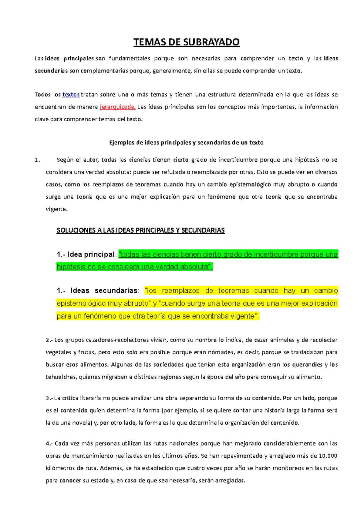 Temas DE Subrayado - ,,, - TEMAS DE SUBRAYADO Las ideas principales son ...
