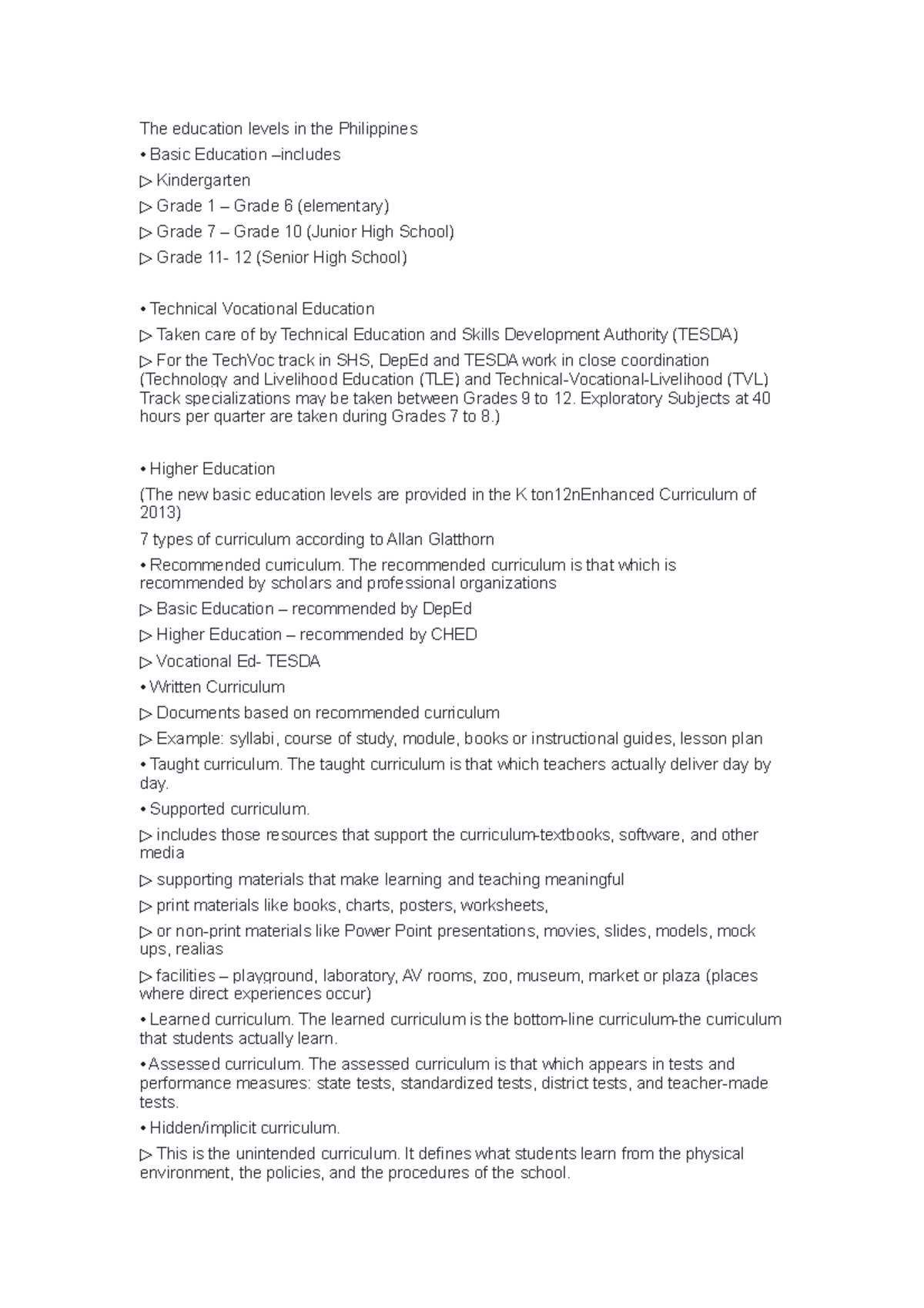 The education levels in the Philippines - Exploratory Subjects at 40 ...