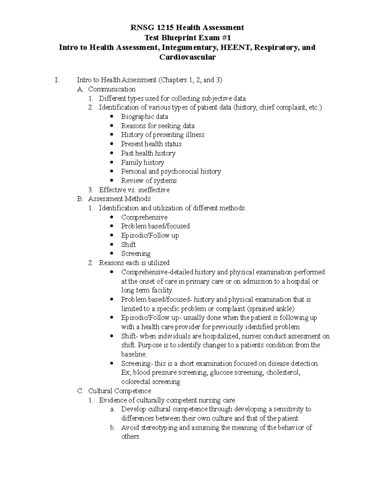 Exam 1 Blueprint - exam 1 - RNSG 1215 Health Assessment Test Blueprint ...