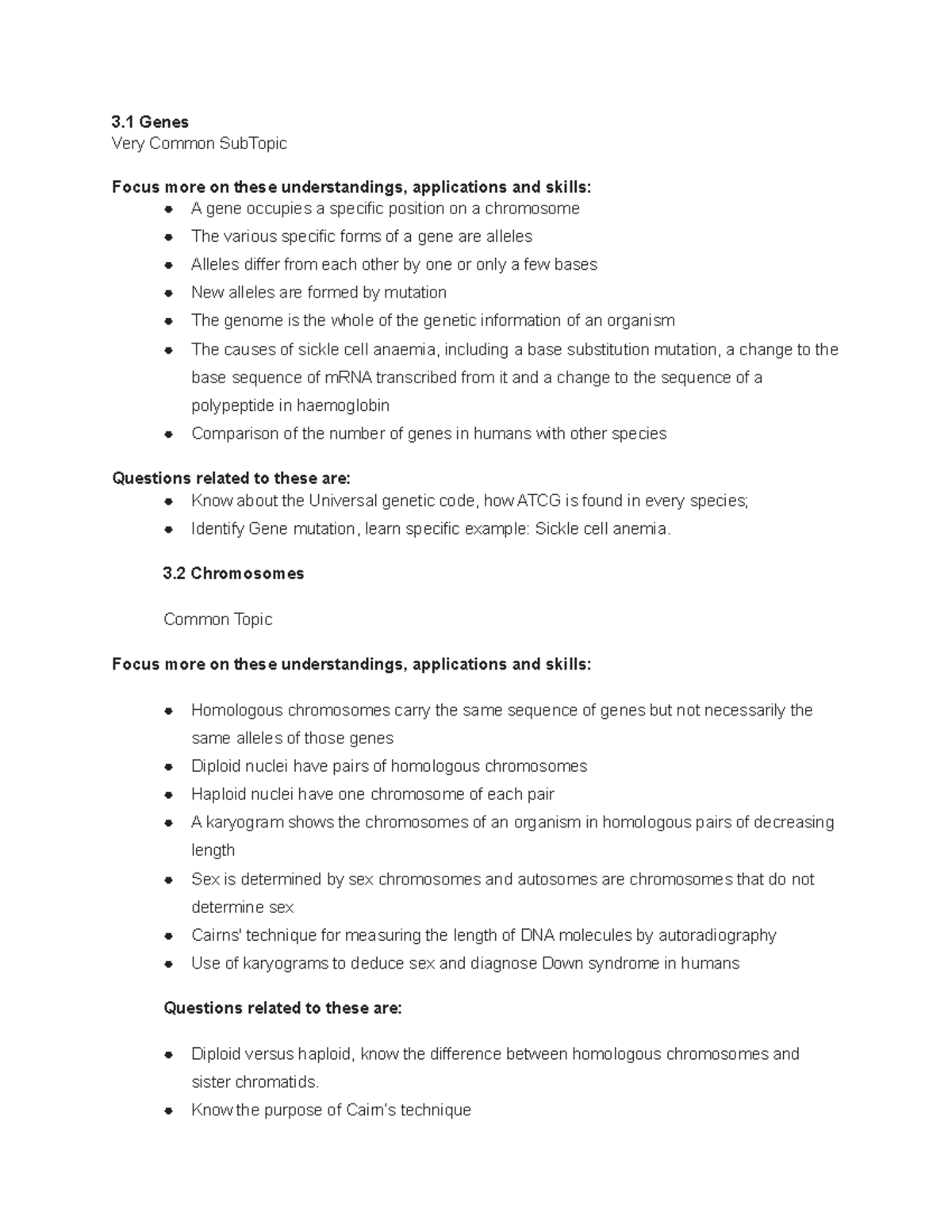 IB Bio HL ch # 3 - Lecture notes 3 - 3 Genes Very Common SubTopic Focus ...