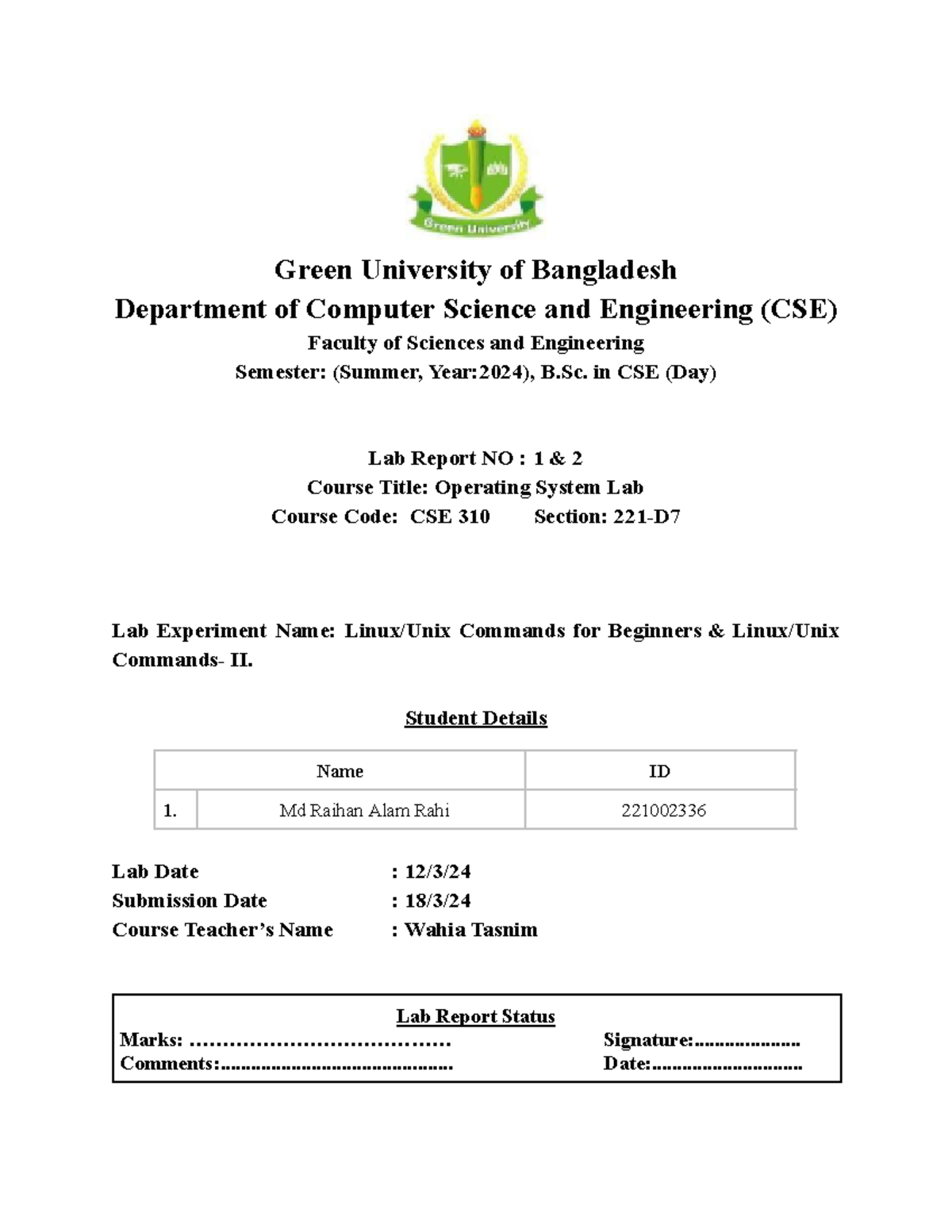 OS Lab Reprt 1 & 2 - Green University of Bangladesh Department of Computer Science and ...