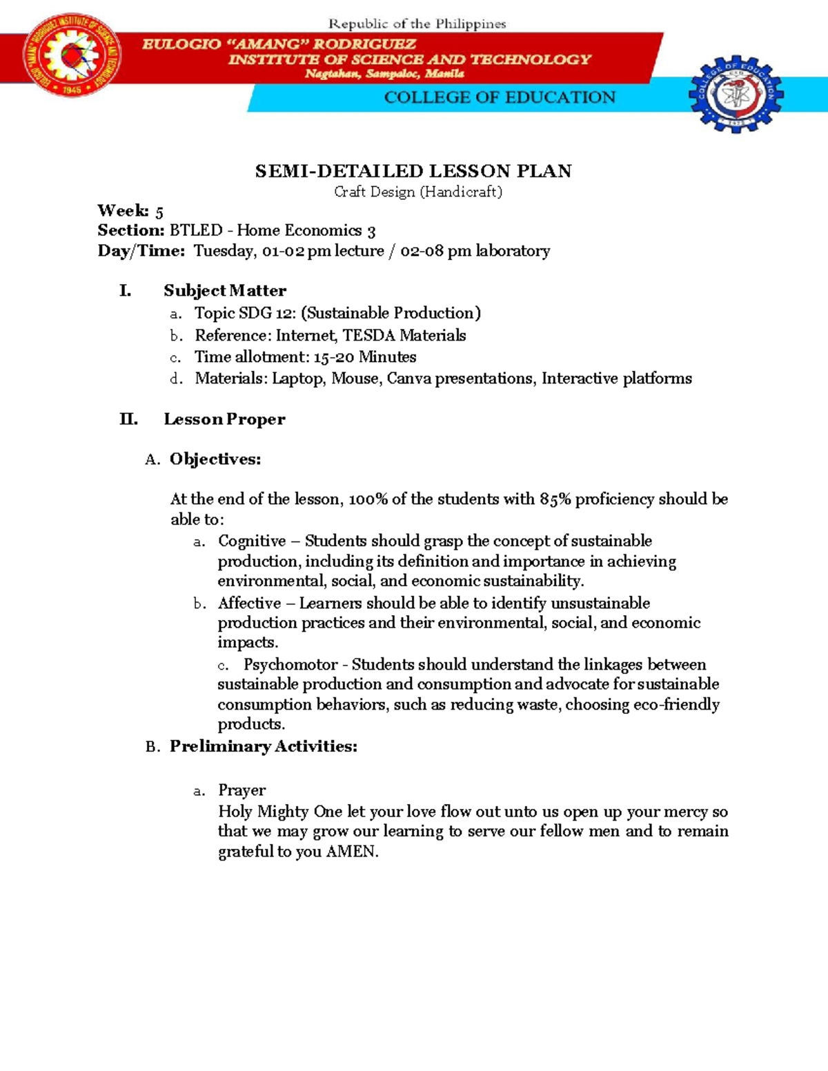 Microteaching.SEMI- Detailed - SEMI-DETAILED LESSON PLAN Craft Design ...