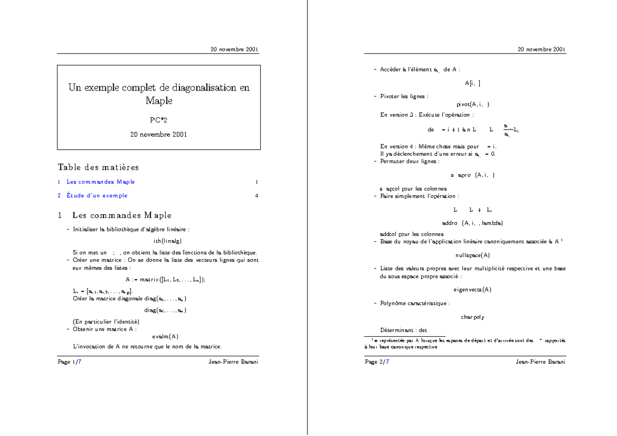 Exo-diagonalisation - Cours - 20 novembre 2001 Un exemple complet de diagonalisation en Maple PC ...