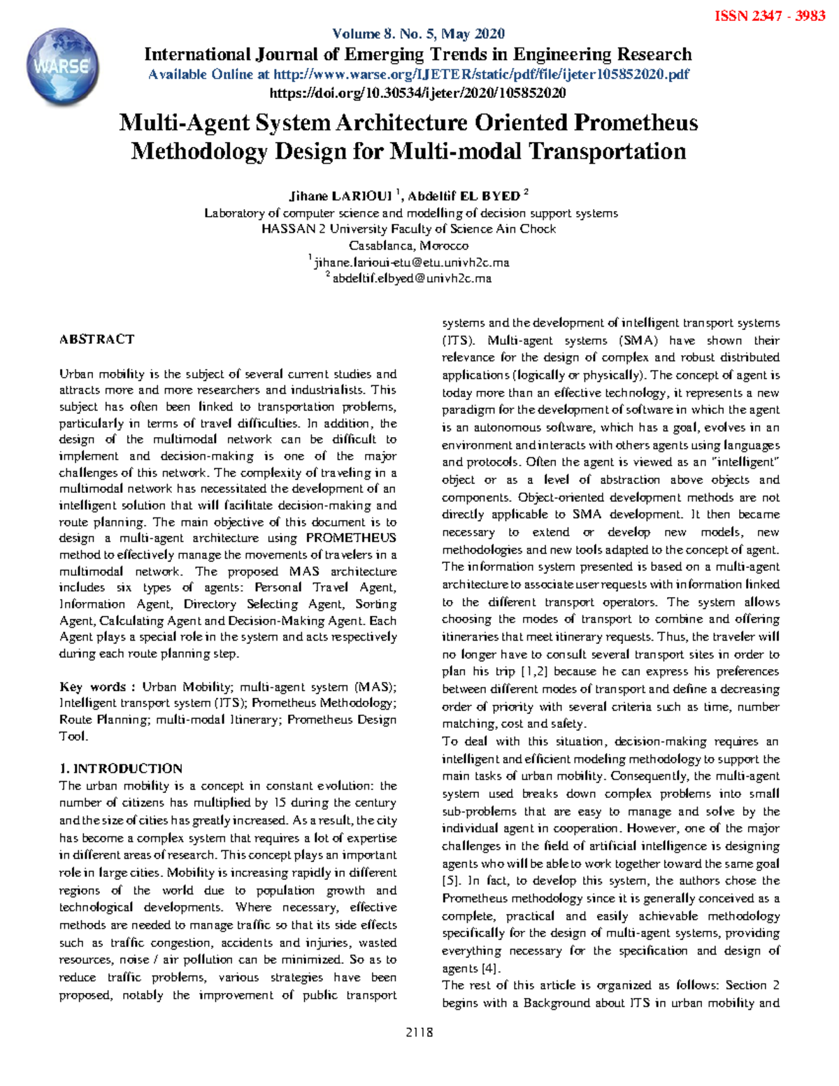 Multi Agent System Architecture Oriented - Jihane LARIOUI et al., International Journal of ...