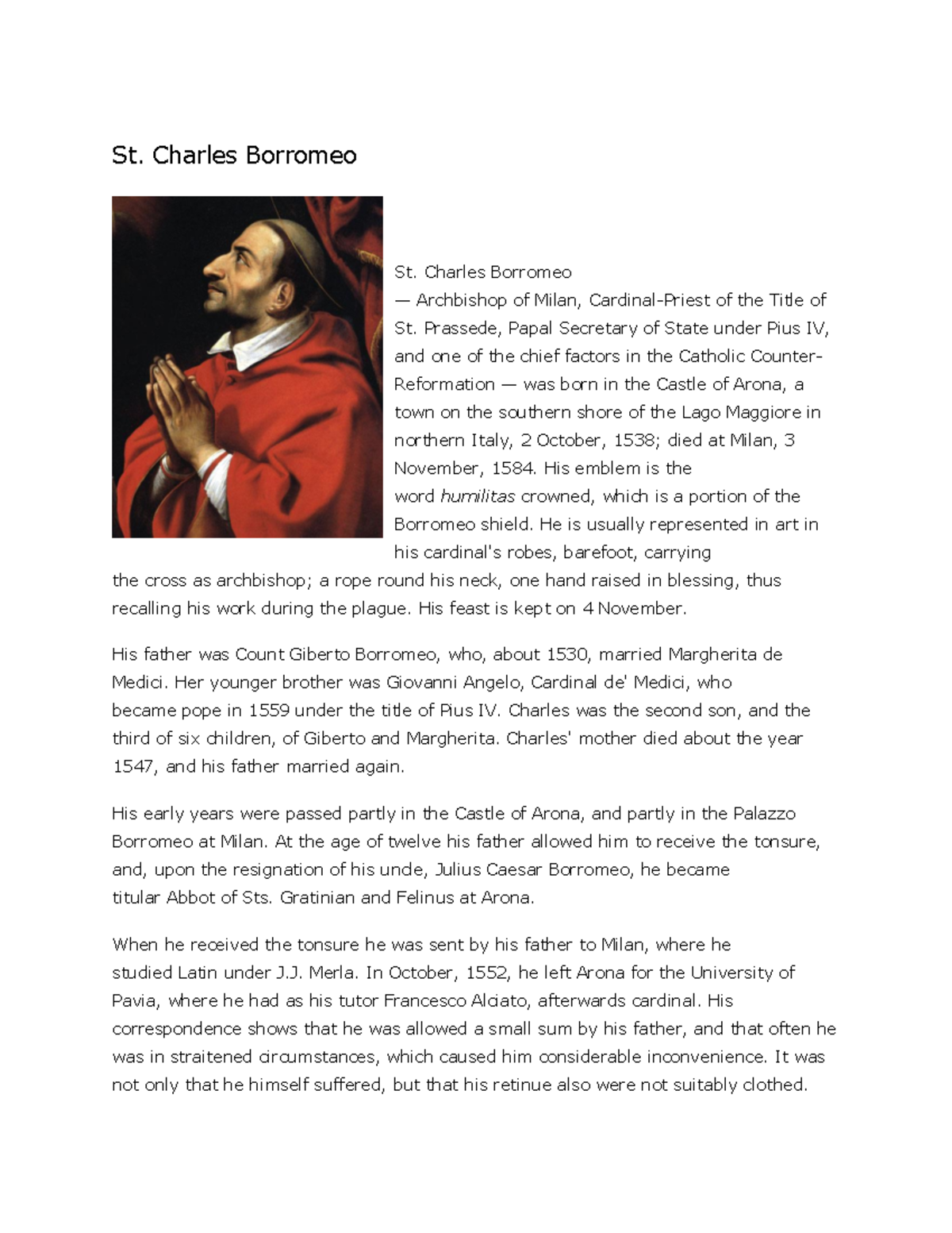 Carlos Borromeo - Saint Charles - St. Charles Borromeo St. Charles ...