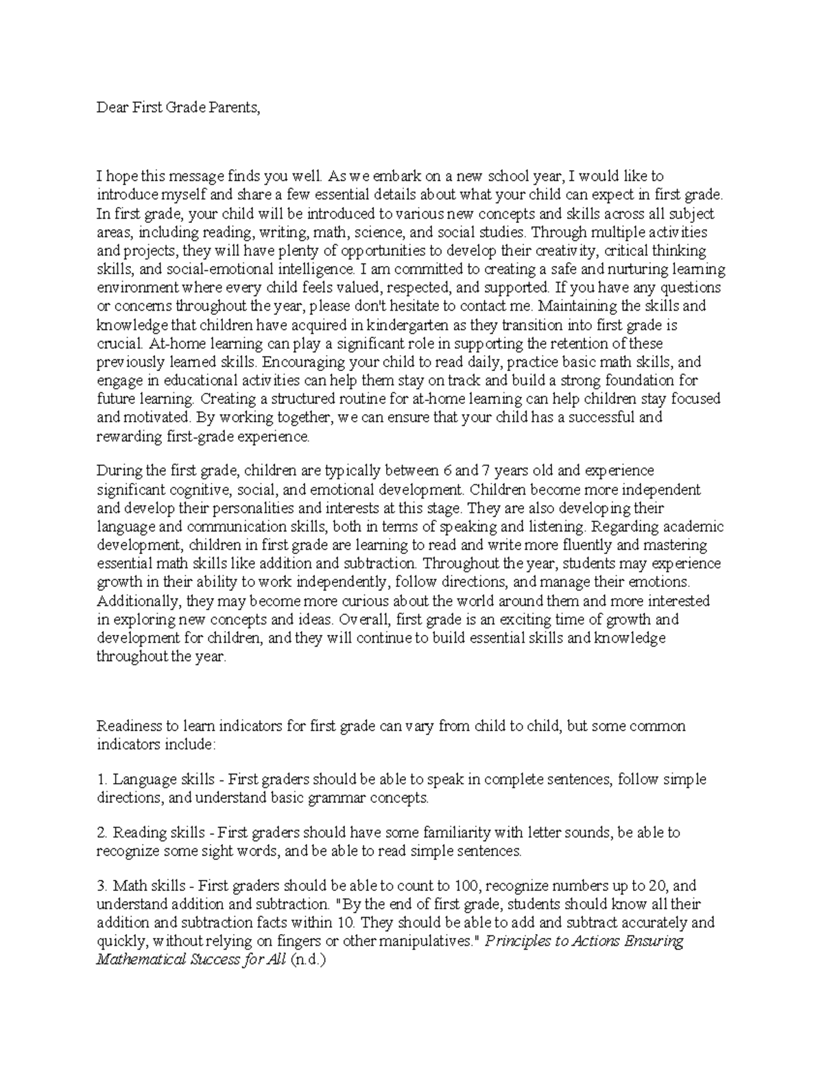 Letter to first grade - Dear First Grade Parents, I hope this message ...