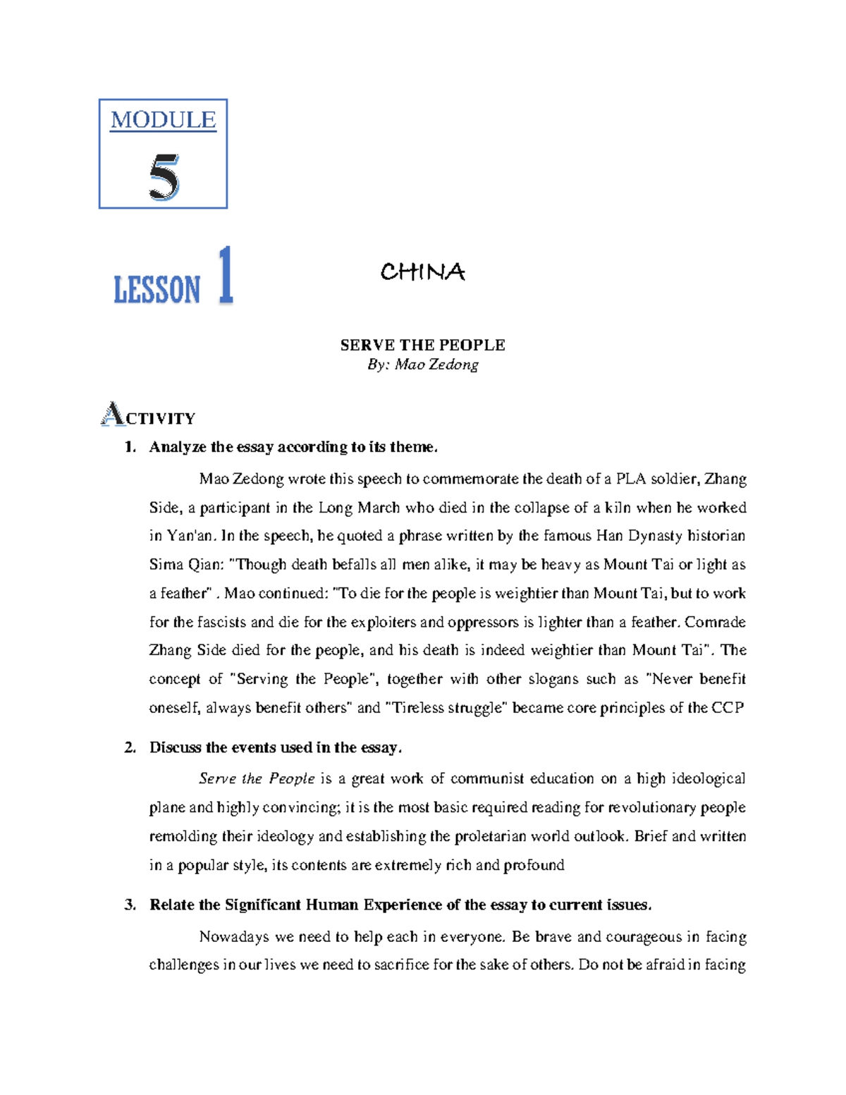 Module-5-L1 - Ilove you - CHINA SERVE THE PEOPLE By: Mao Zedong ...