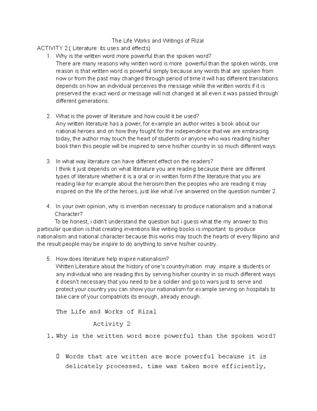 LV2 - Rizal-Chapter-2 - The Life Works and Writings of Rizal ACTIVITY 2:( Literature: its uses ...