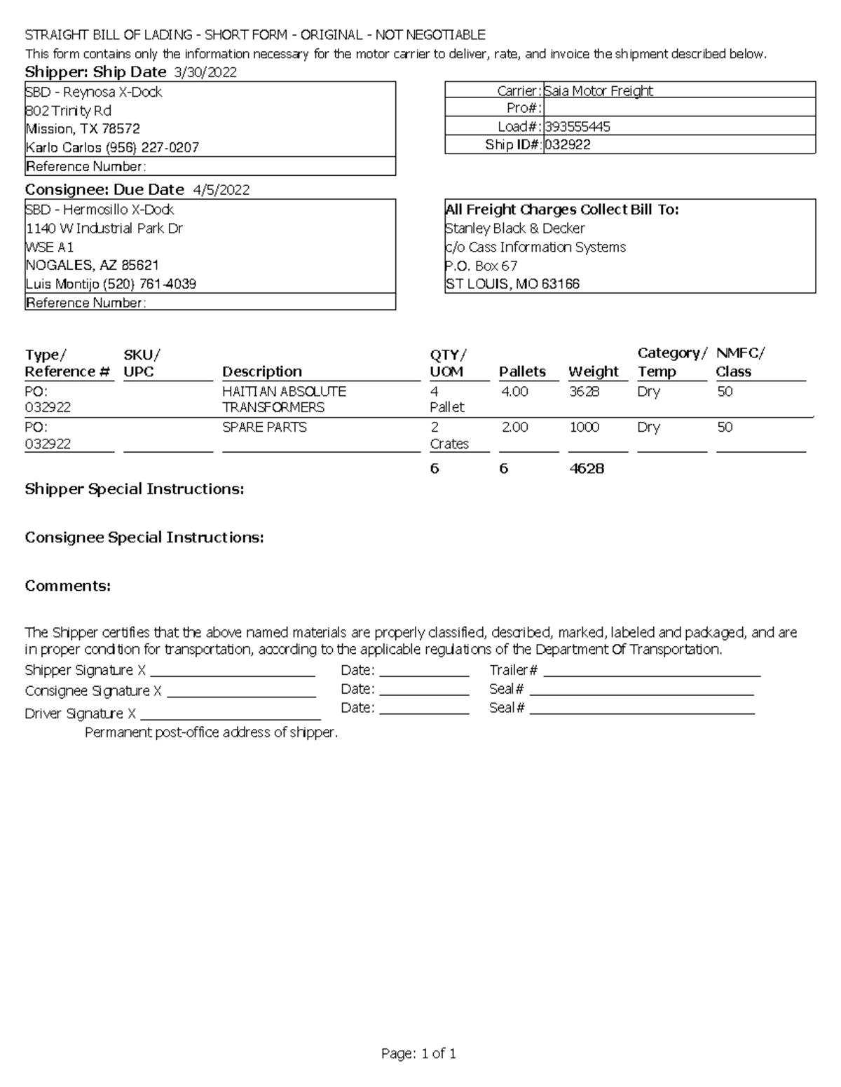 LOAD # 393555445 - STRAIGHT BILL OF LADING - SHORT FORM - STRAIGHT BILL ...