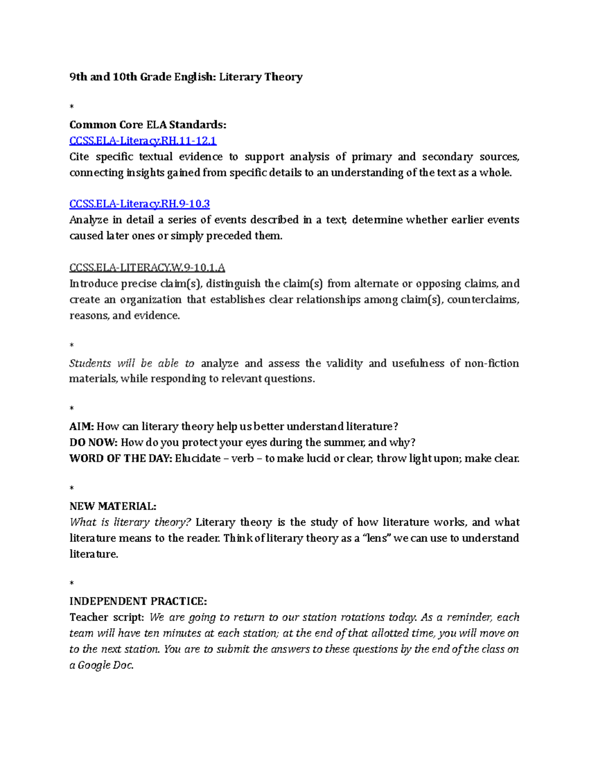 English: Literary Theory - 9th and 10th Grade English: Literary Theory ...