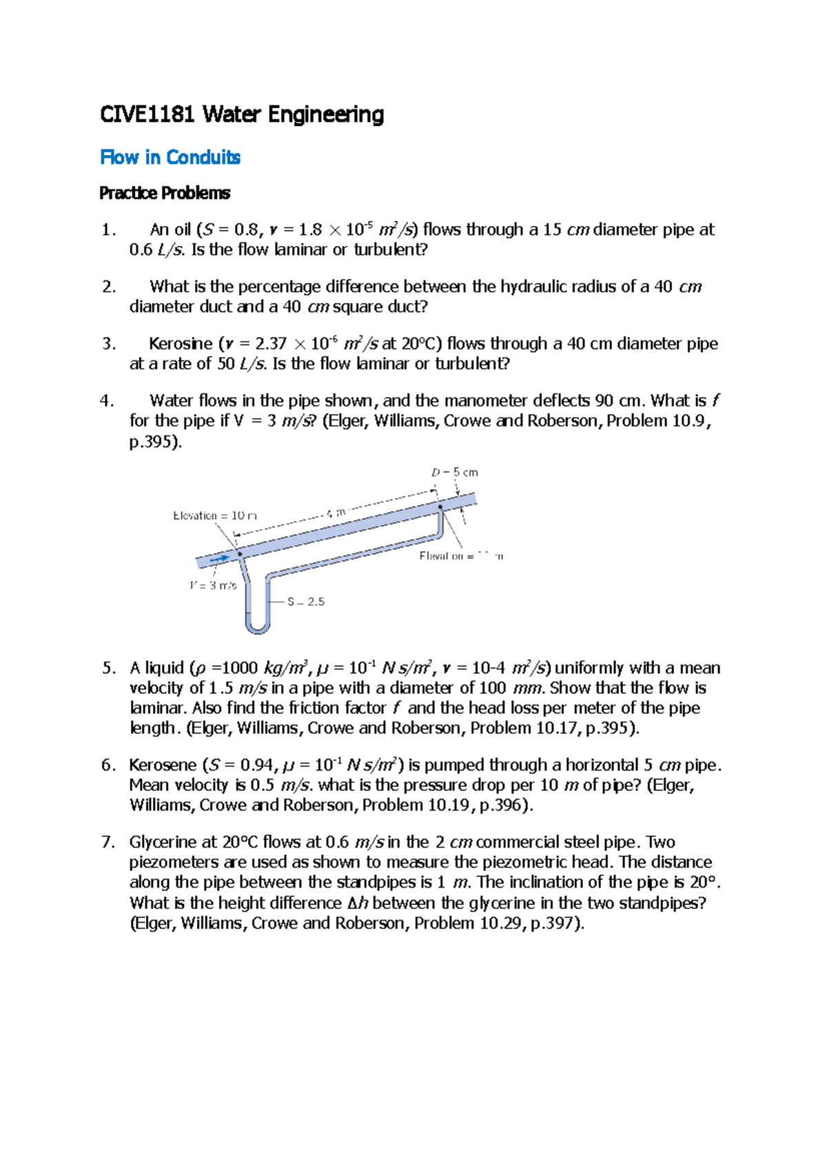 Practice Problems Week 8-10 Flow in Conduits - CIVE 1181 Water Engineering Flow in Conduits ...