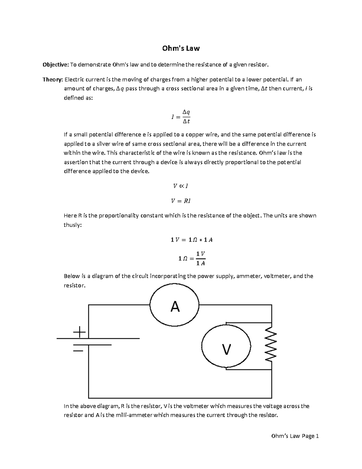 Ohms law physics 2 - Ohm's Law Objective: To demonstrate Ohm's law and ...