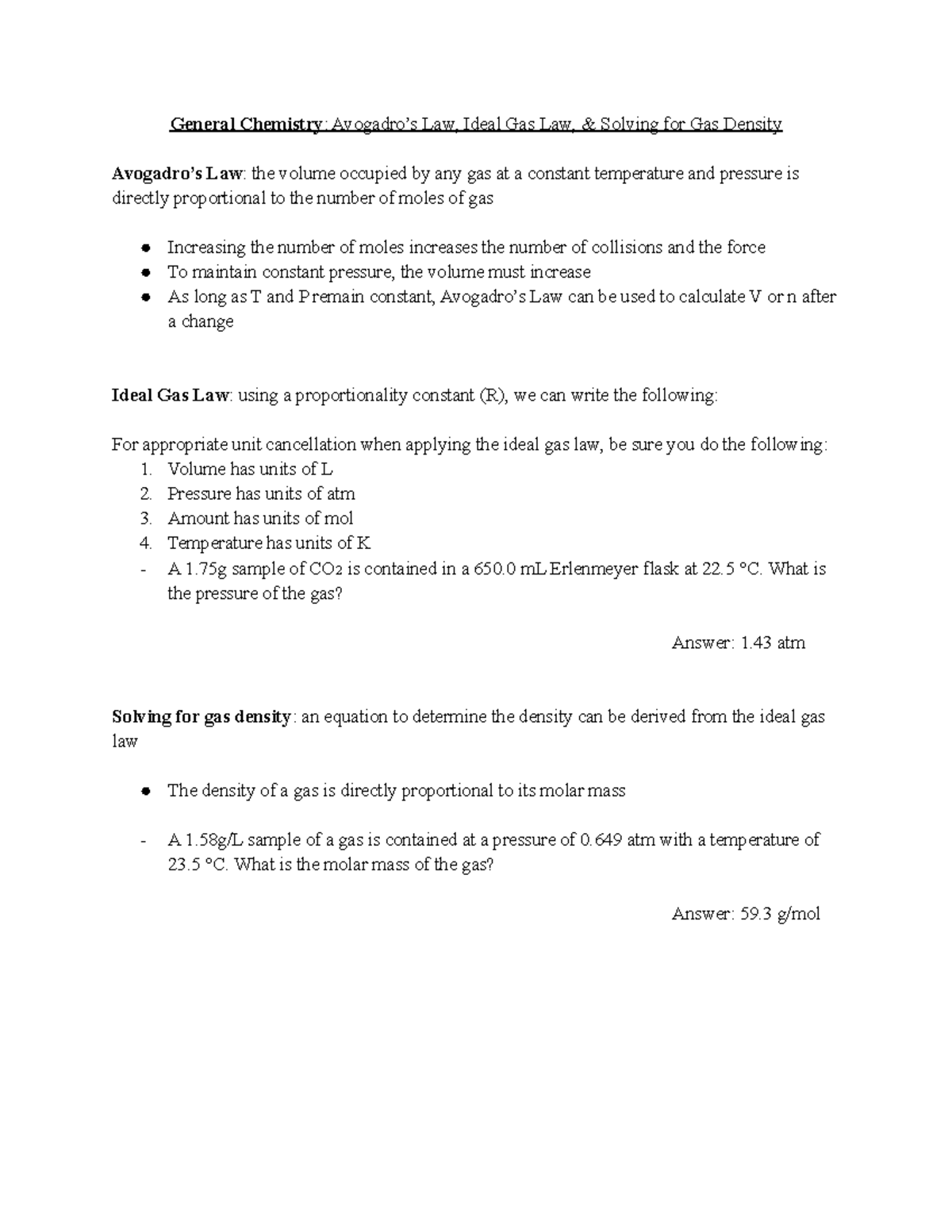 Avogadro’s Law, Ideal Gas Law, & Solving for Gas Density - General ...