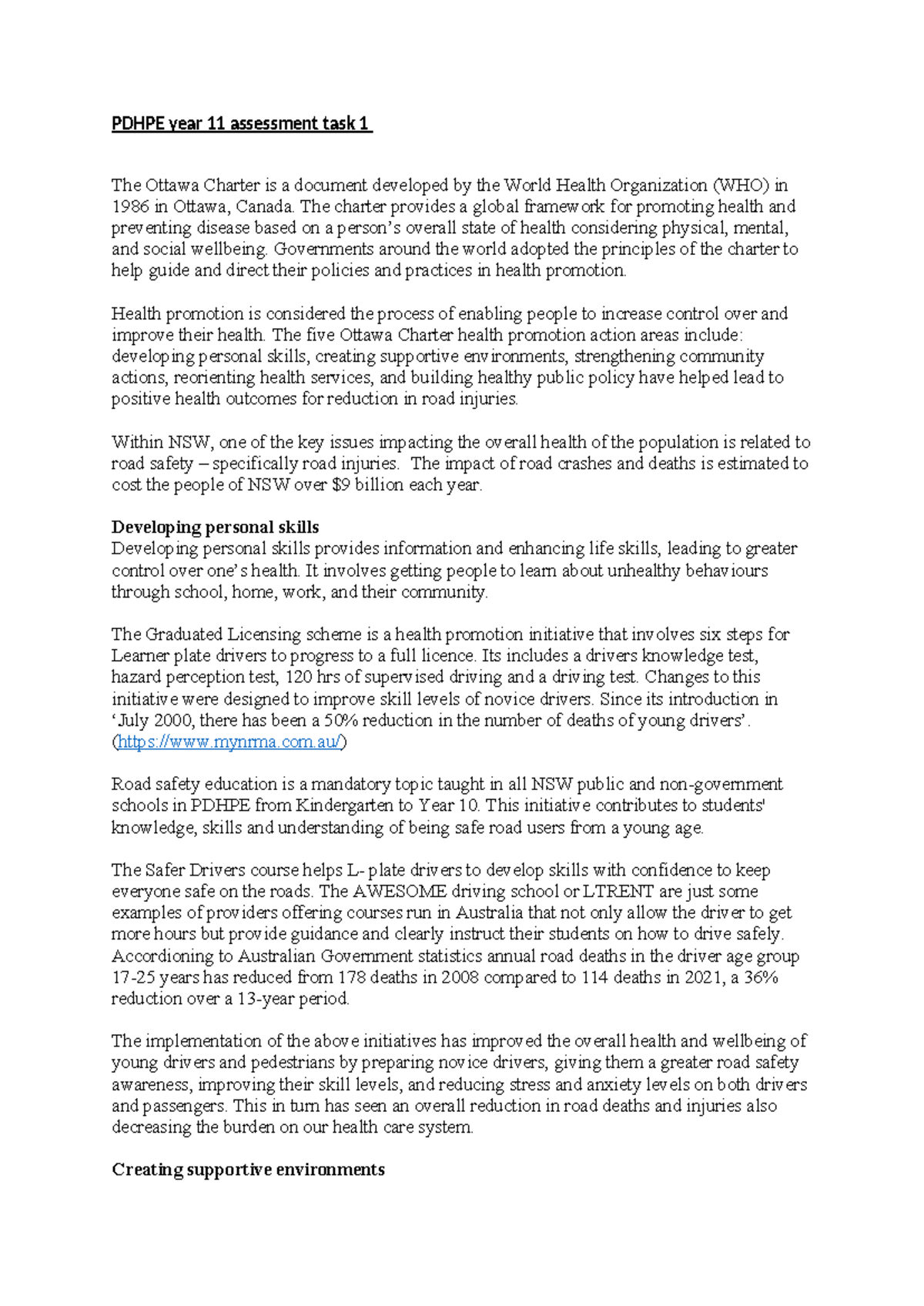 Pdhpe year 11 assessment task 1 - PDHPE year 11 assessment task 1 The ...