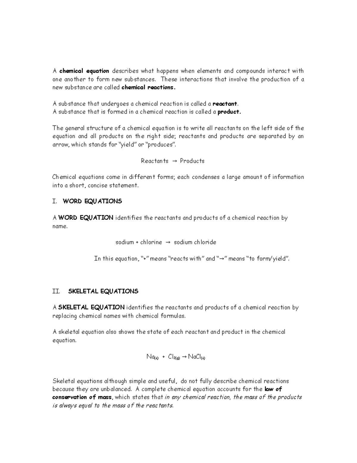 Chemical Equations lesson 1 - CHEMICAL EQUATIONS A chemical equation ...