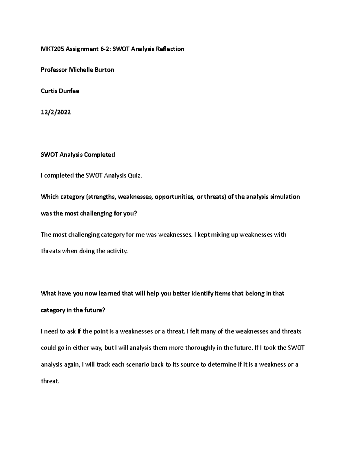 Mkt 205 swot reflection - MKT205 Assignment 6-2: SWOT Analysis ...