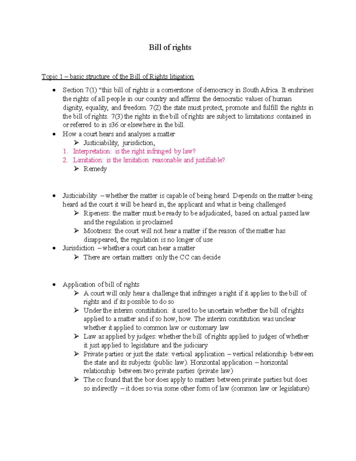 BILL OF Rights Summary - Bill of rights Topic 1 – basic structure of ...
