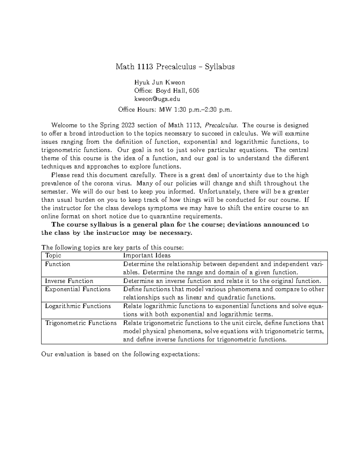 Math1113(35553)-Syllabus - Math 1113 Precalculus – Syllabus Hyuk Jun ...
