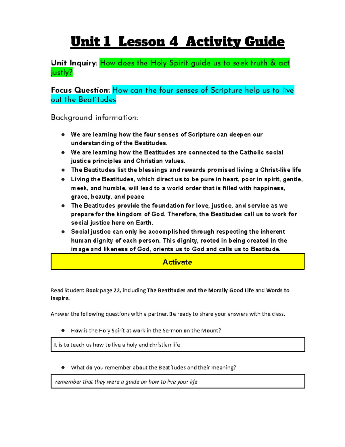 U1L4- Activity Guide- The Beatitudes (1) - Unit 1 Lesson 4 Activity ...