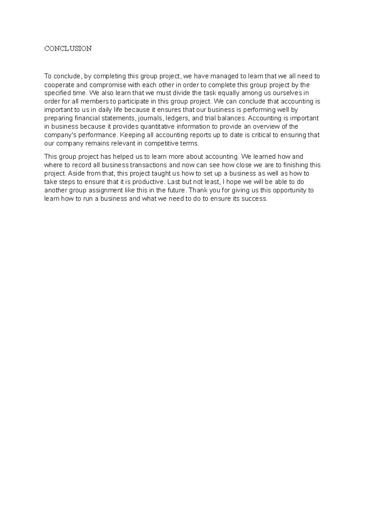 Conclusion GP ASS - CONCLUSION To conclude, by completing this group ...